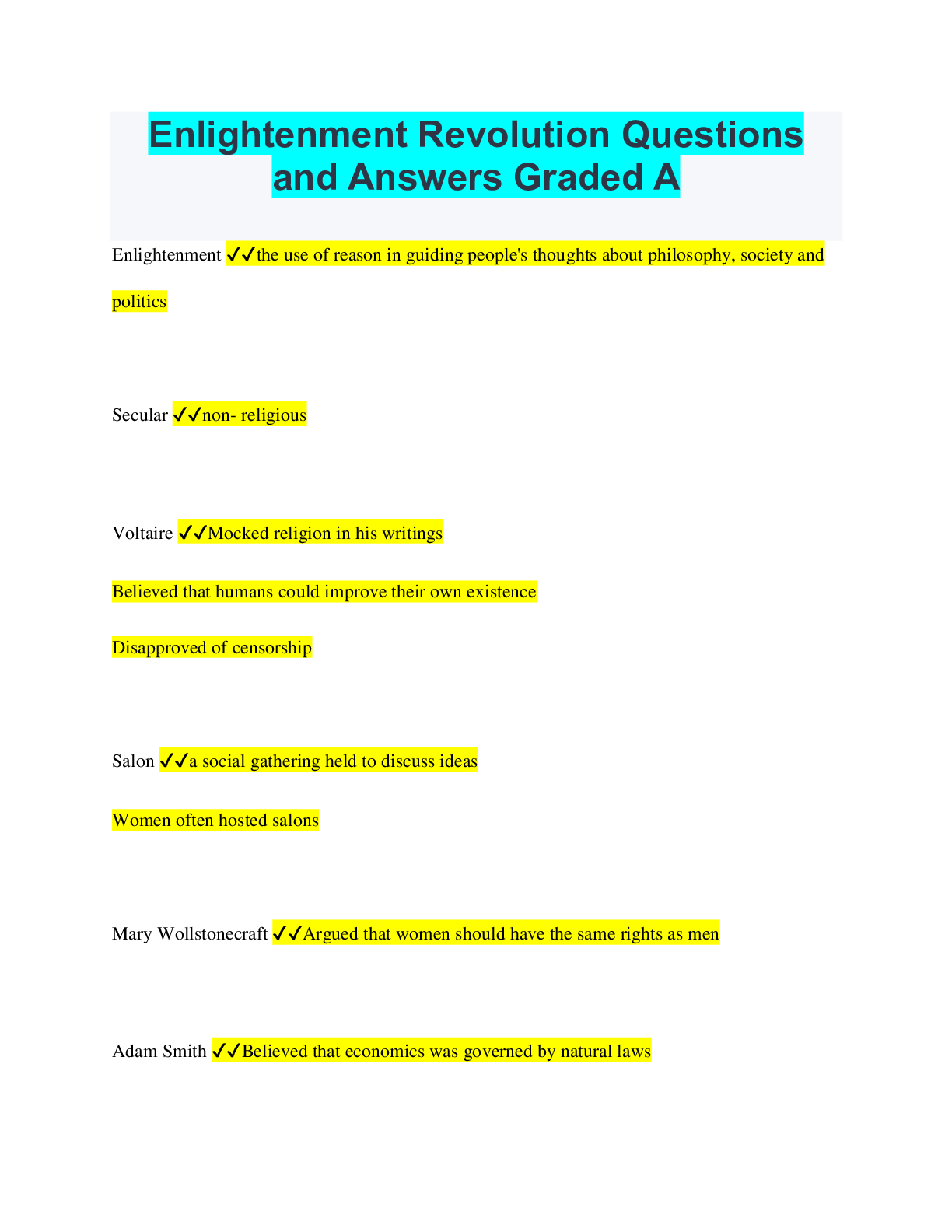 Enlightenment Revolution Questions and Answers Graded A - Scholarfriends