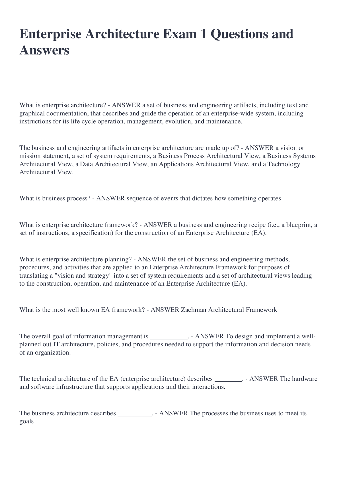 Enterprise Architecture Exam 1 Questions and Answers - Scholarfriends