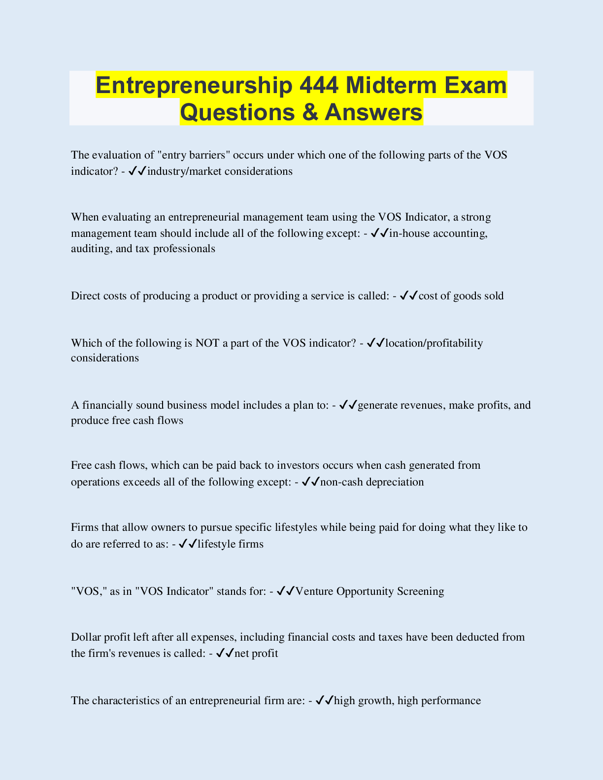 Entrepreneurship 444 Midterm Exam Questions & Answers | 75 Questions ...