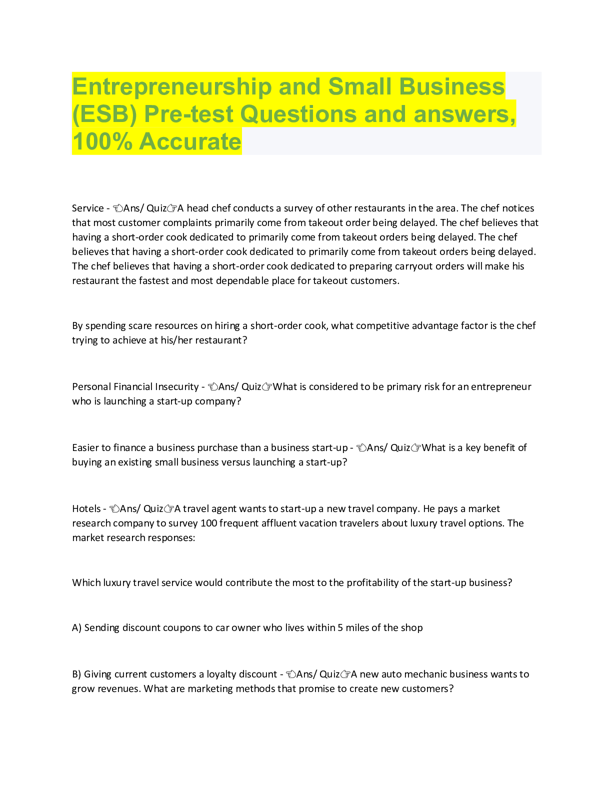Entrepreneurship and Small Business (ESB) Pre-test Questions and ...