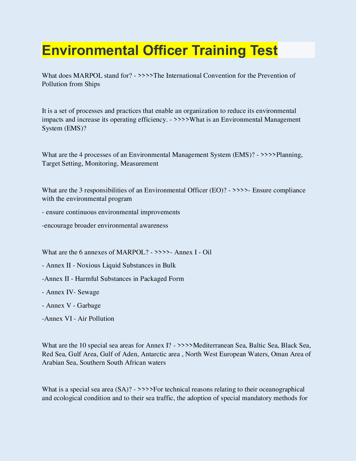 Environmental Officer Training Test | 160 Questions with 100% Correct ...