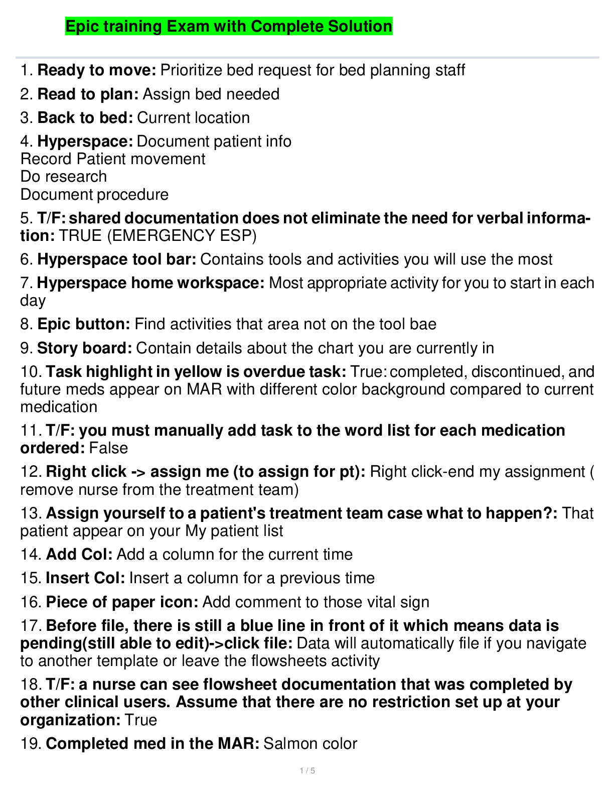 Epic training Exam with Complete Solution - Scholarfriends