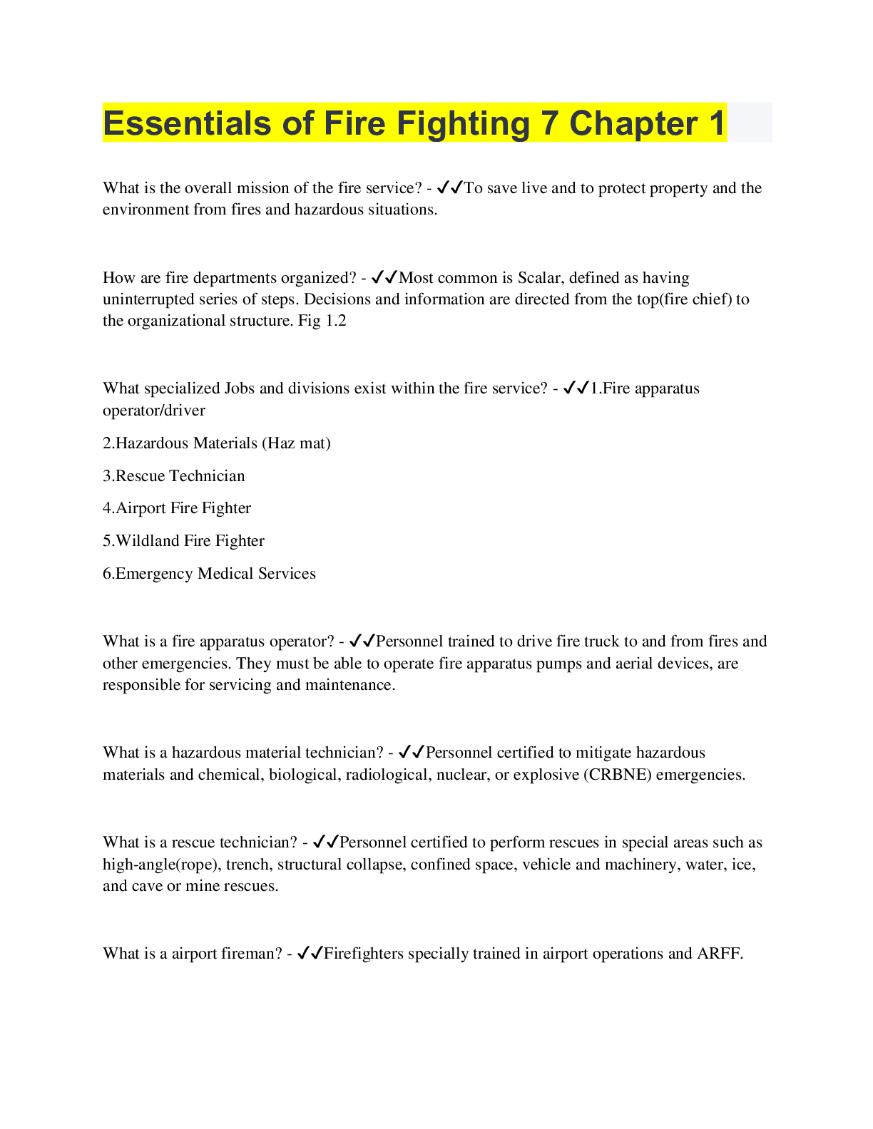 Essentials of Fire Fighting 7 Chapter 1 Questions with COMPLETE ...
