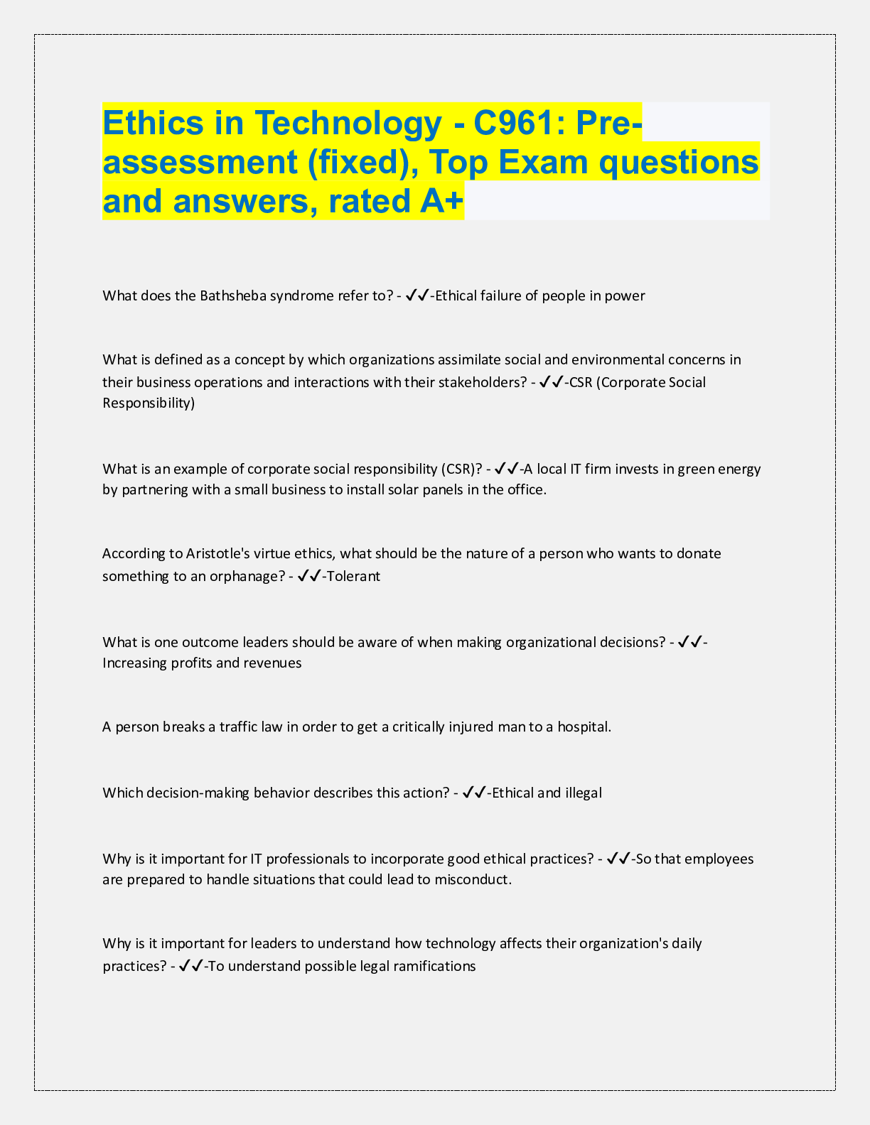 Ethics in Technology – WGU C961: Pre-assessment 2022 exam with complete ...
