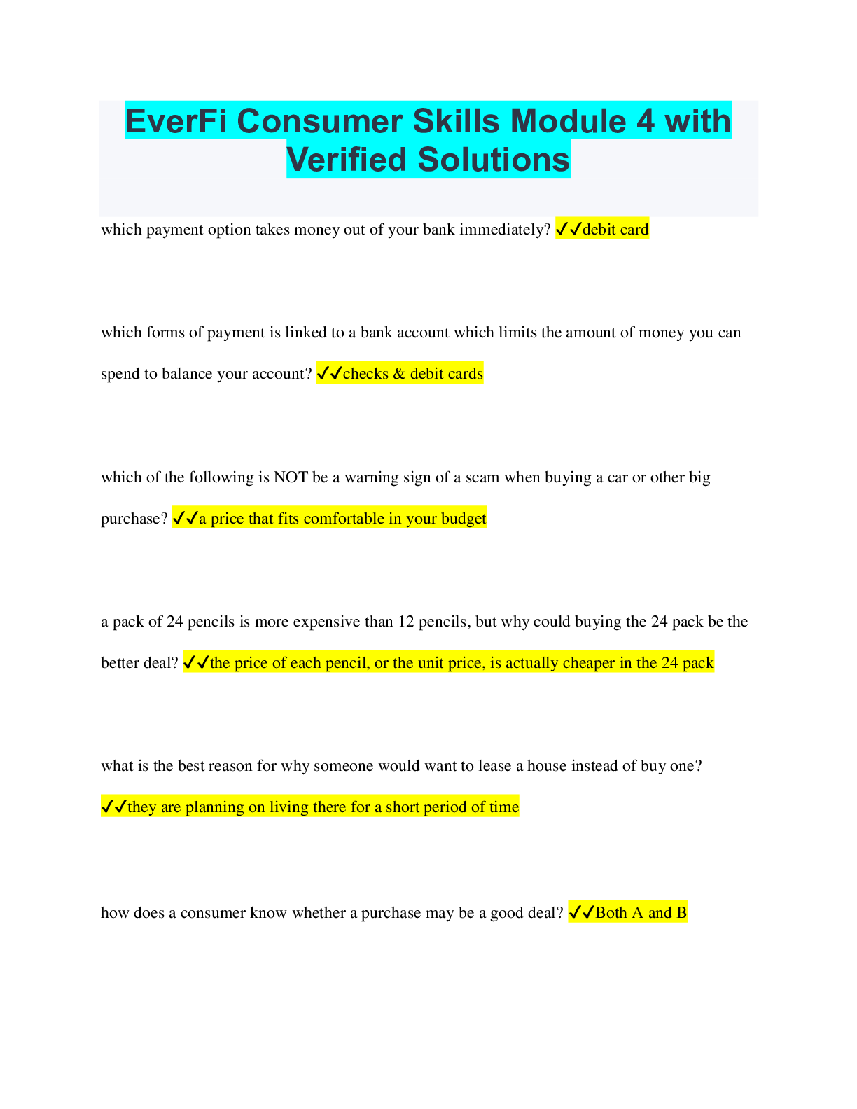 EverFi Consumer Skills Module 4 with Verified Solutions - Scholarfriends