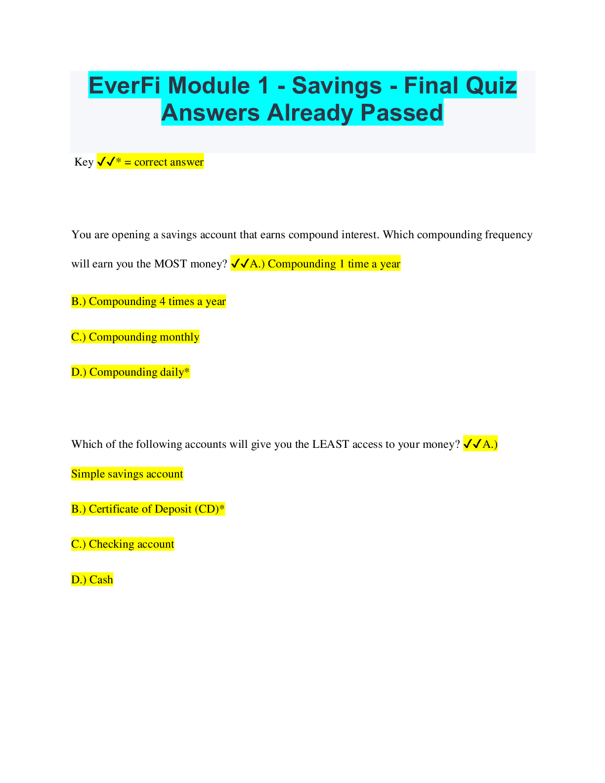 EverFi Module 1 - Savings - Final Quiz Answers Already Passed ...