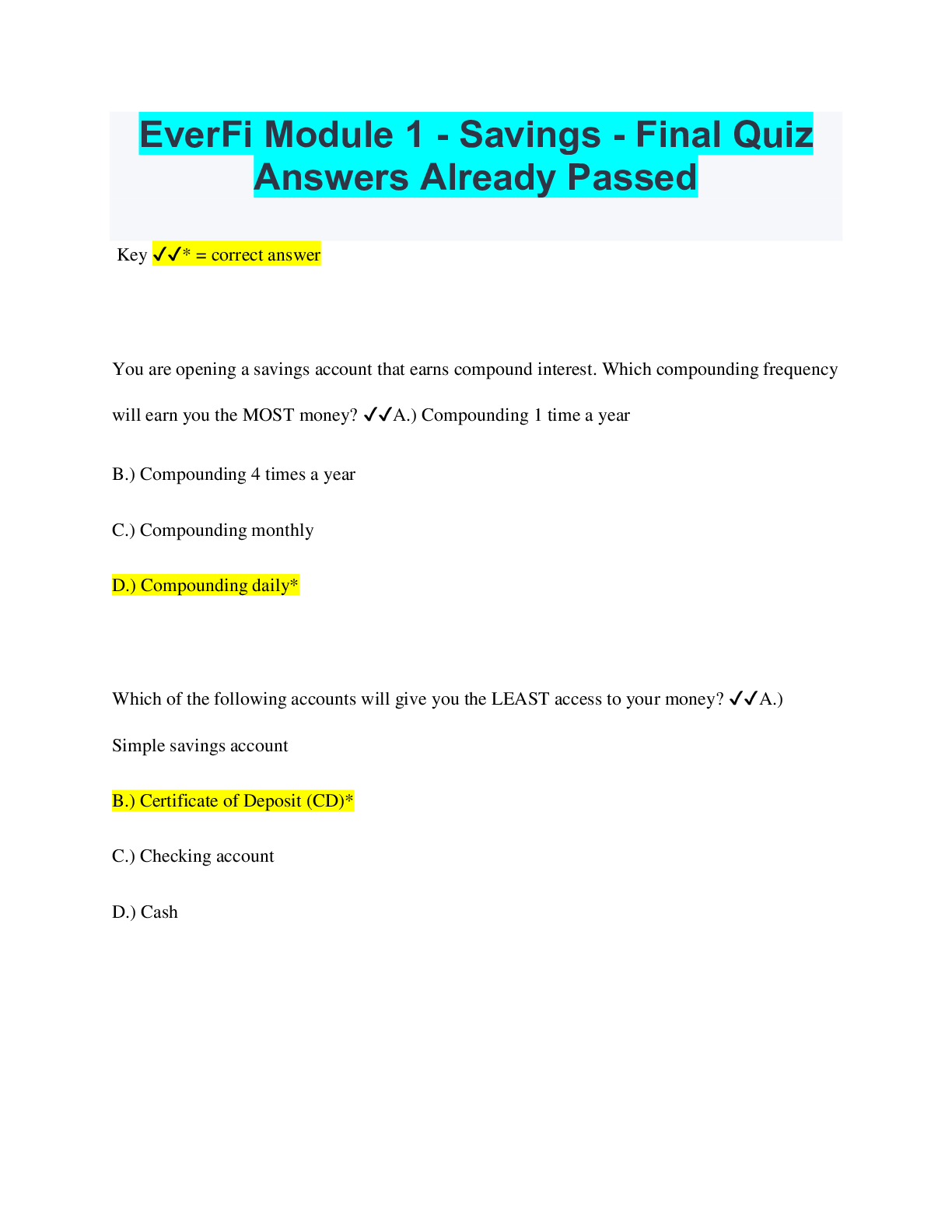 EverFi Module 1 - Savings - Final Quiz Answers Already Passed ...