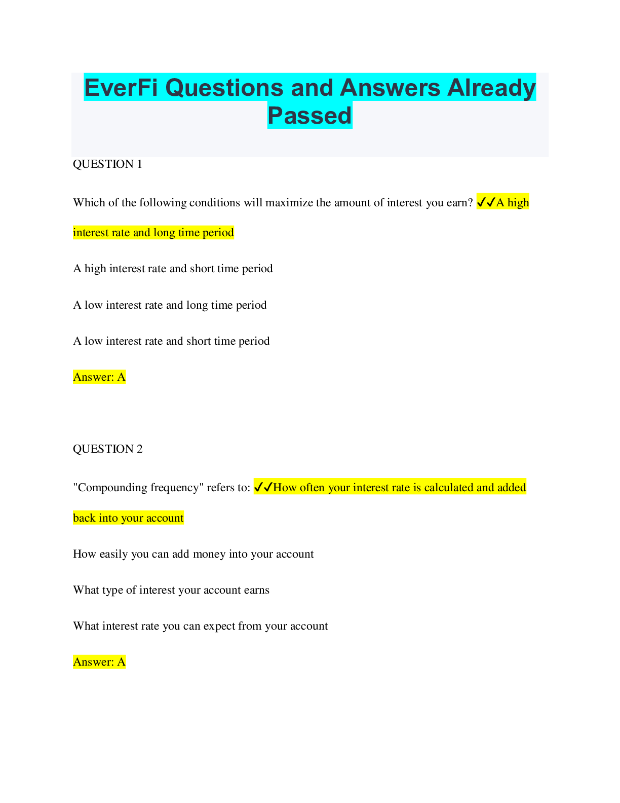 EverFi Questions and Answers Already Passed - Scholarfriends