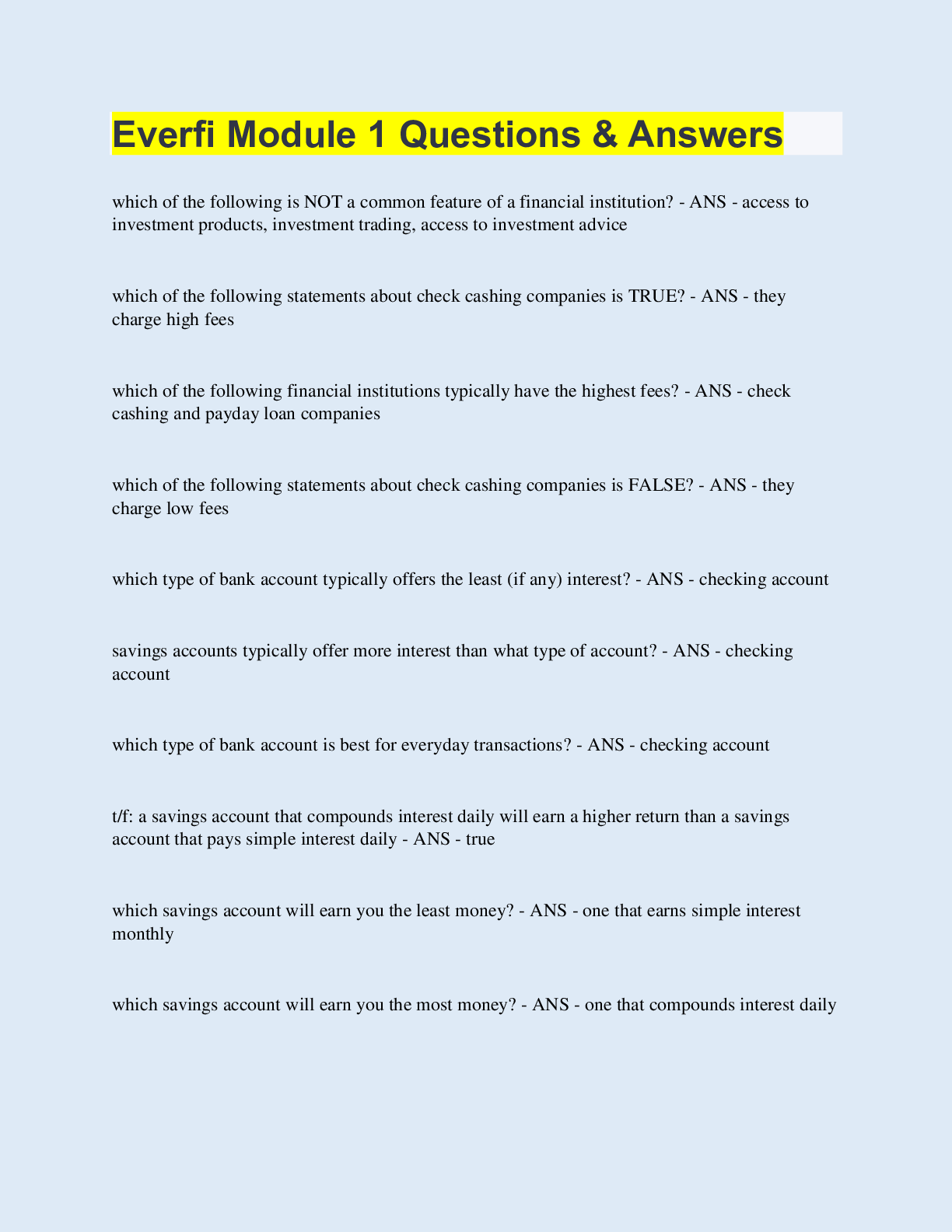 Everfi Module 1 Questions & Answers | 30 Questions with 100% Correct ...