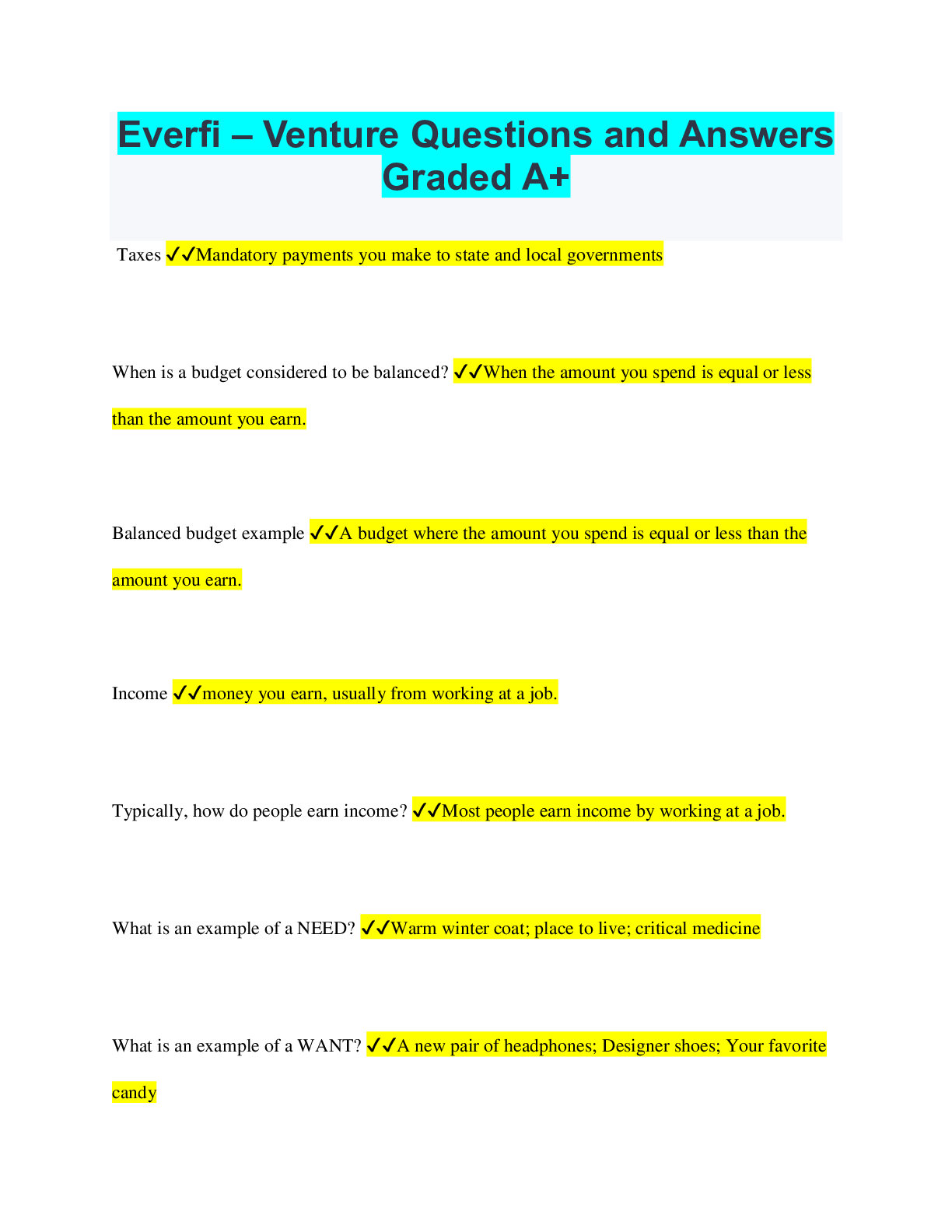 Everfi – Venture Questions and Answers Graded A+ - Scholarfriends