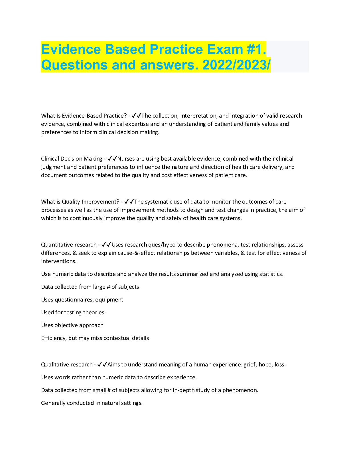 Evidence Based Practice Exam #1. Questions and answers. 2022/2023 ...