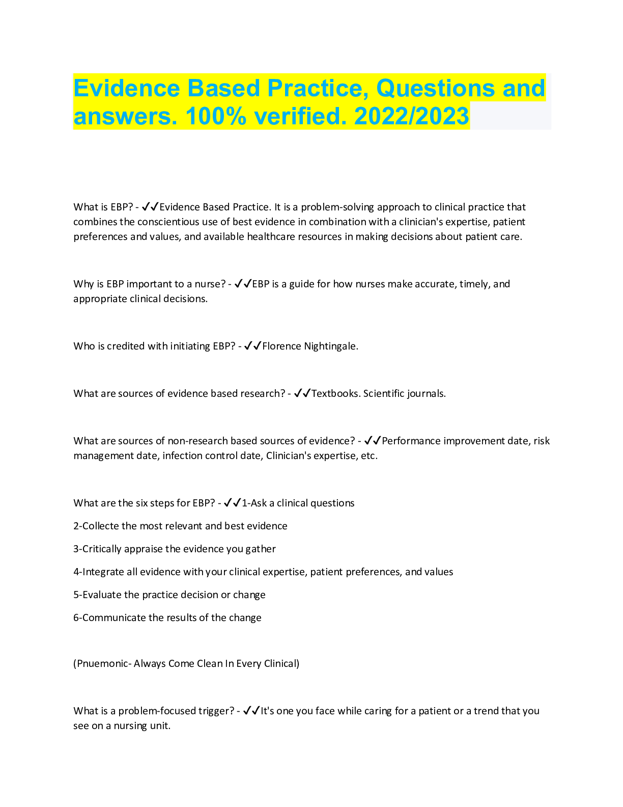 Evidence Based Practice bundle. Questions and answers, Complete study ...