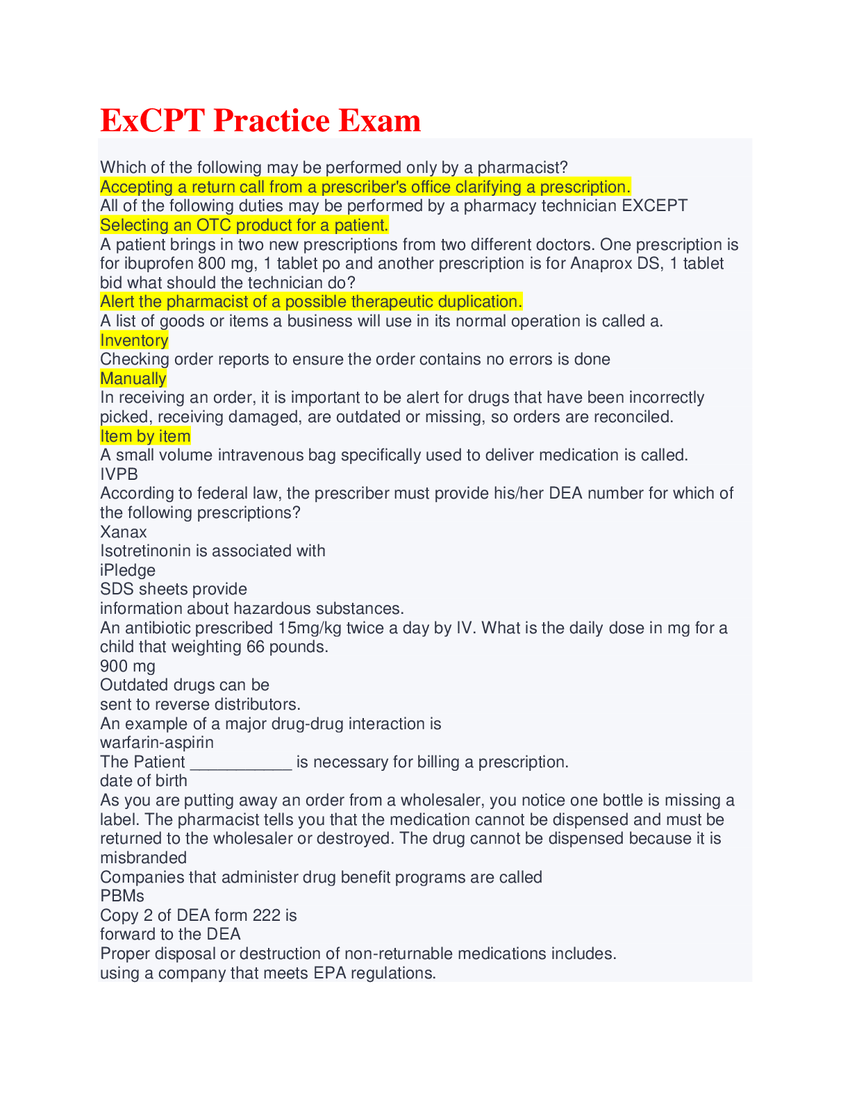 ExCPT Practice Exam with Brief Correct Answers/ Best solution ...