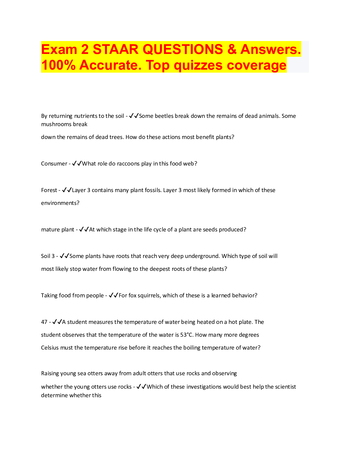 Exam 2 STAAR QUESTIONS & Answers. 100% Accurate. Top quizzes coverage ...