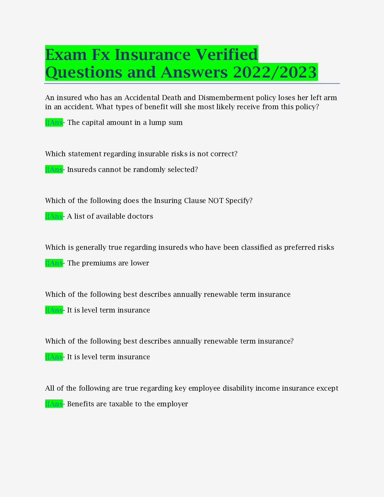 Exam Fx Insurance Verified Questions and Answers 2022/2023 - Scholarfriends