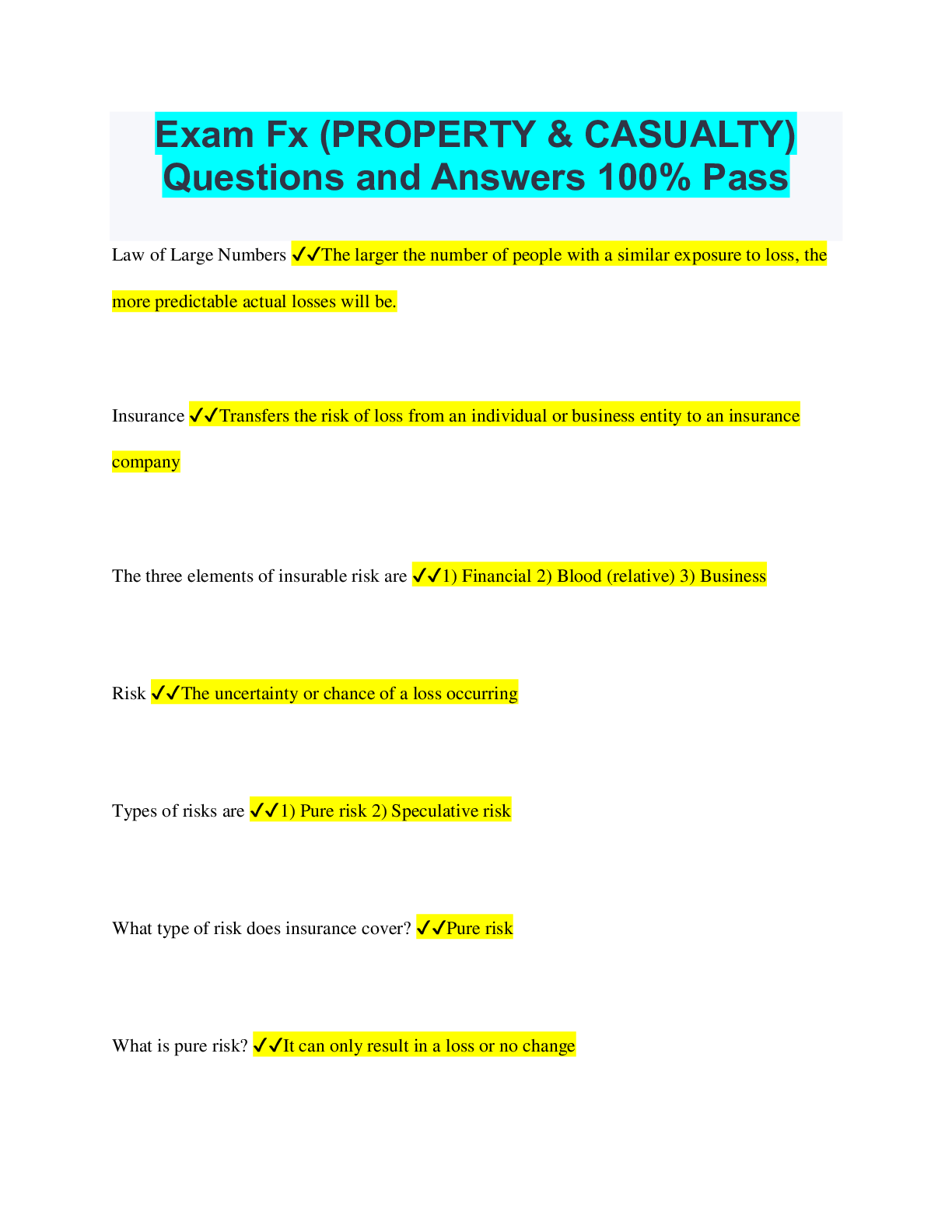 Exam Fx PROPERTY & CASUALTY | Questions and Answers 100% Pass ...