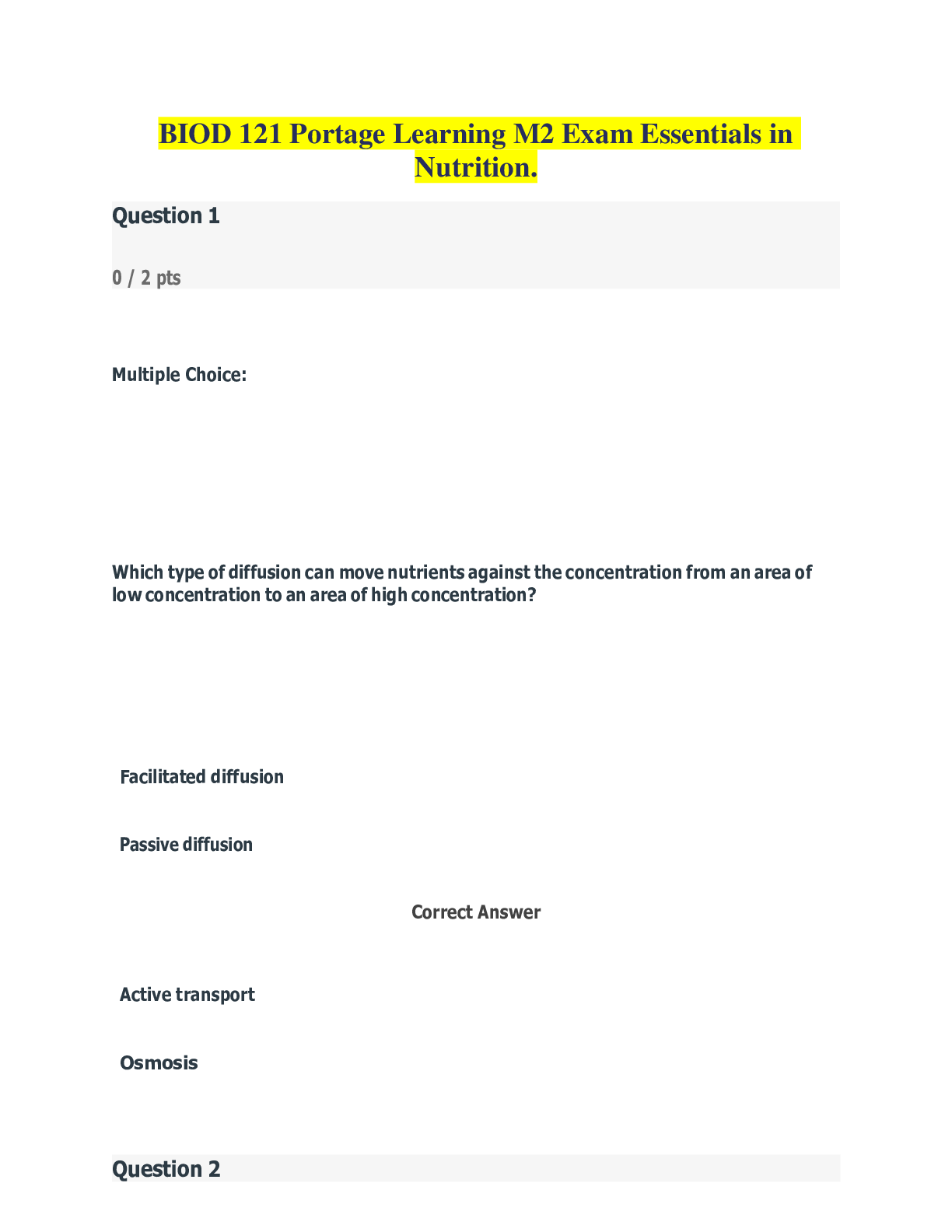 BIOD 121 Portage Learning M2 Exam Essentials in Nutrition | 100% Verified - Scholarfriends
