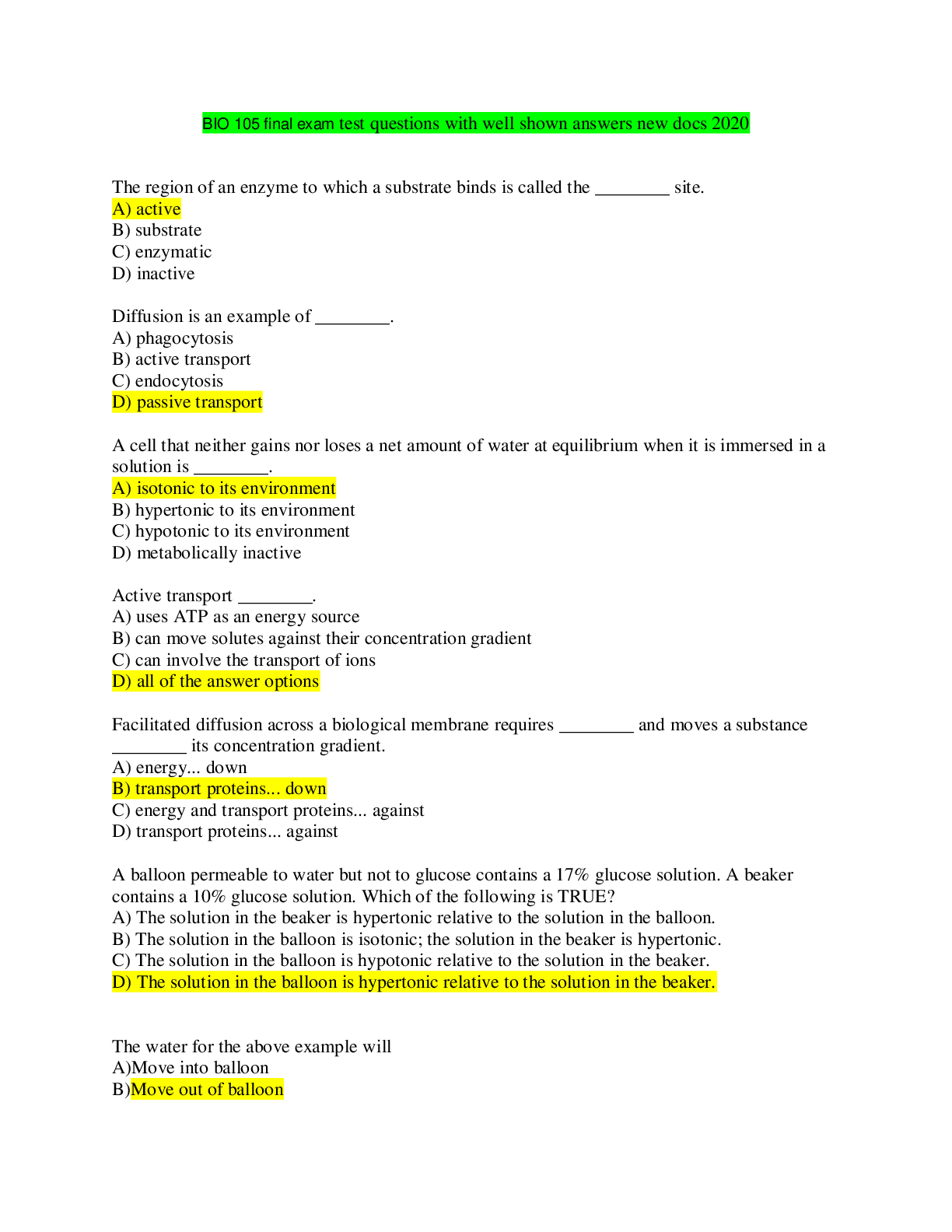 BIO 105 final exam test questions with well shown answers new docs 2020 ...