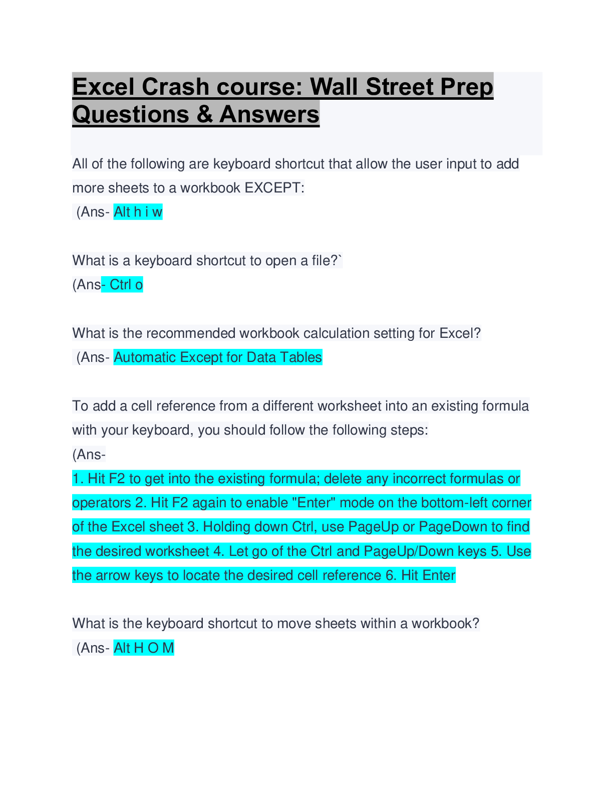 Excel Crash course: Wall Street Prep: Questions & Answers: Latest ...