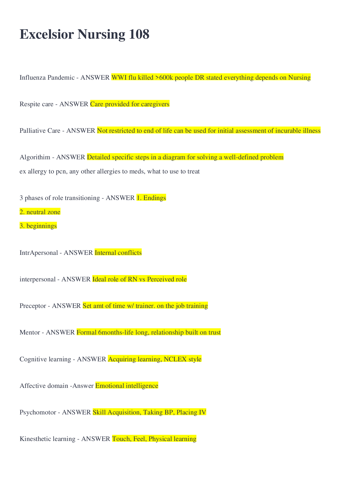 Excelsior Nursing 108 Exam 100% answered – Scholarfriends - Scholarfriends
