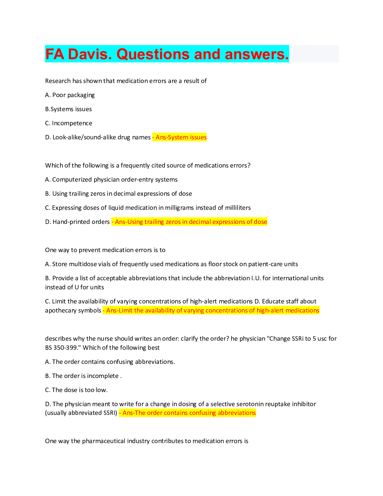 FA Davis. Questions and answers. – Scholarfriends - Scholarfriends