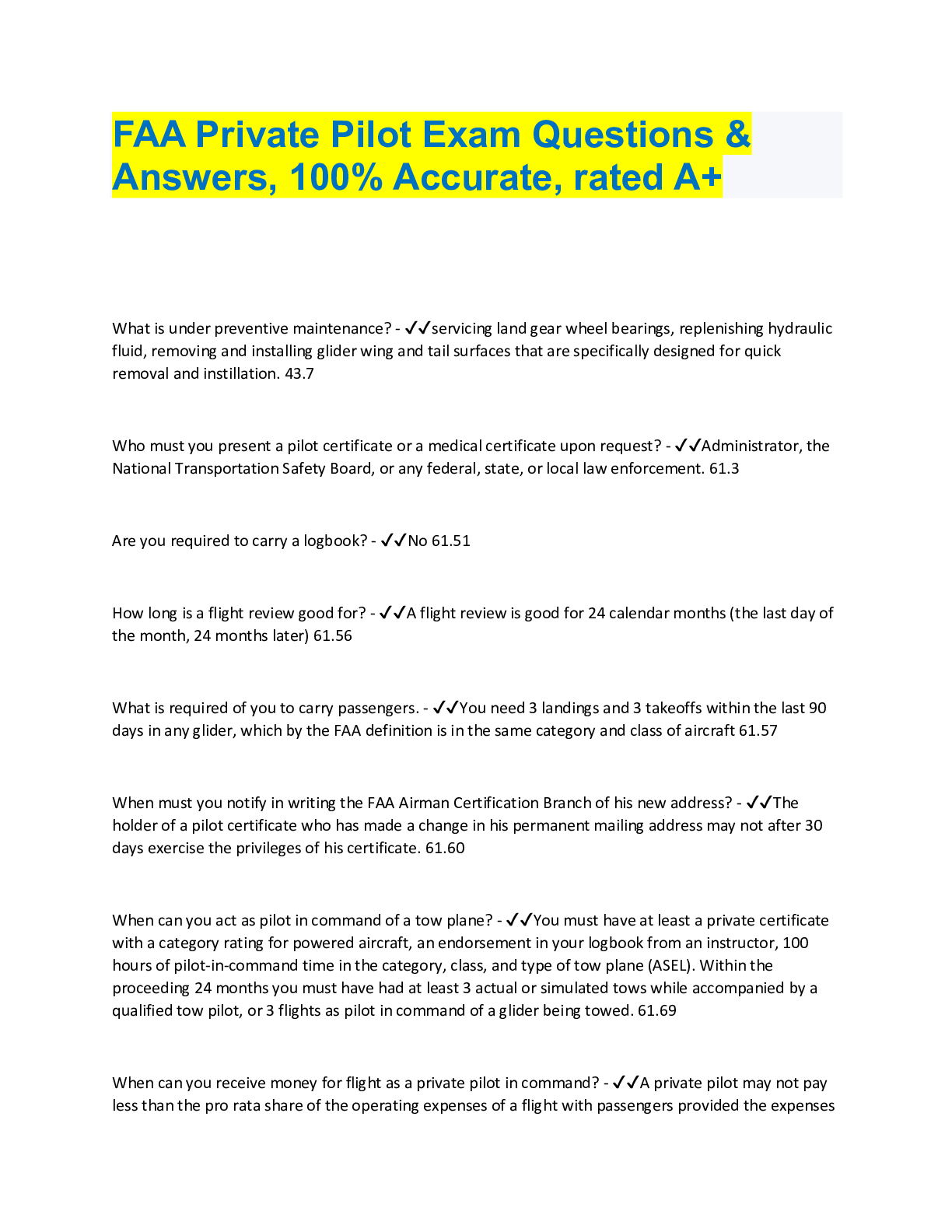 FAA Private Pilot Exam Questions & Answers, 100% Accurate, rated A+ ...