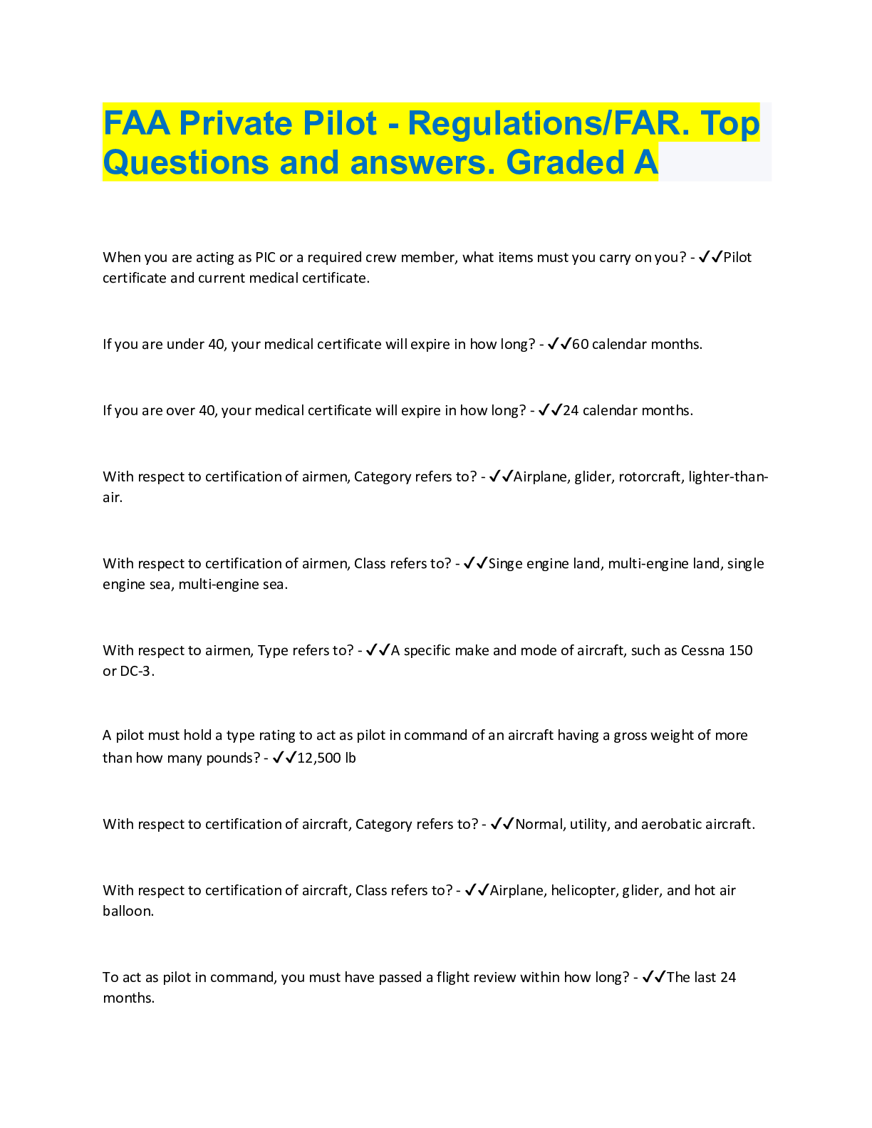 FAA Private Pilot - Regulations/FAR. Top Questions and answers. Graded ...