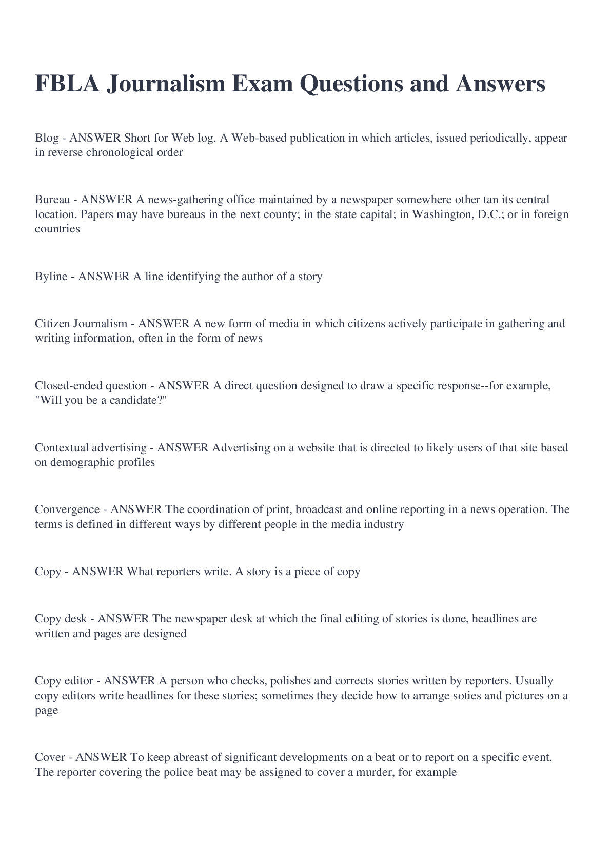 FBLA Journalism Exam Questions and Answers - Scholarfriends