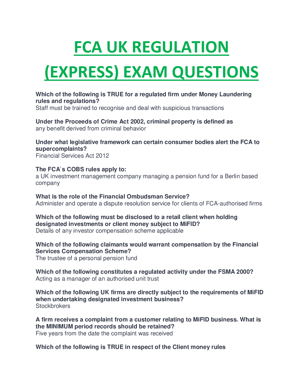FCA UK REGULATION (EXPRESS) EXAM QUESTIONS AND ANSWERS COMPLETE GUIDE ...