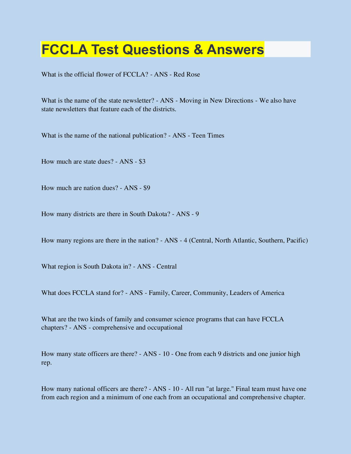 FCCLA Test Questions & Answers - Scholarfriends