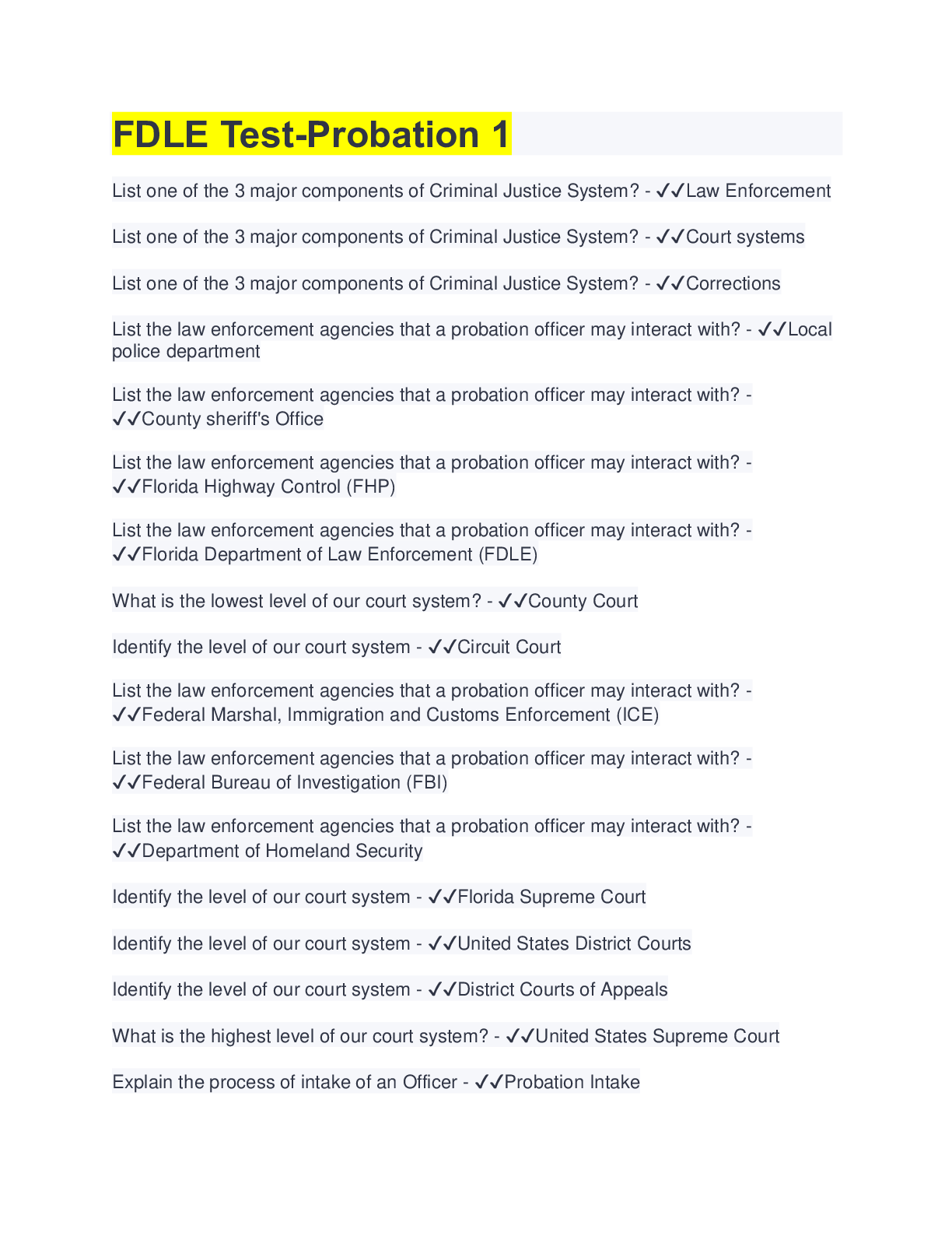 FDLE Test-Probation 1 Study Guide | 300 Questions | 100% Correct ...