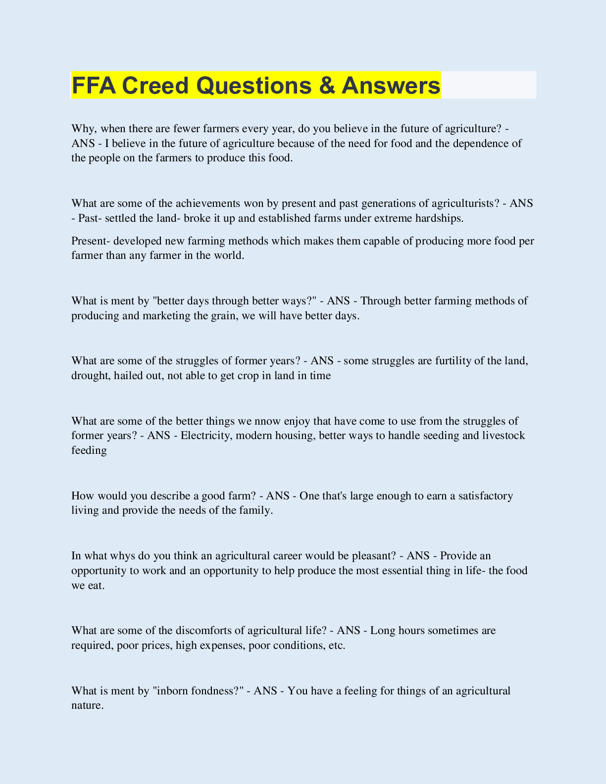 FFA Creed Questions & Answers - Scholarfriends