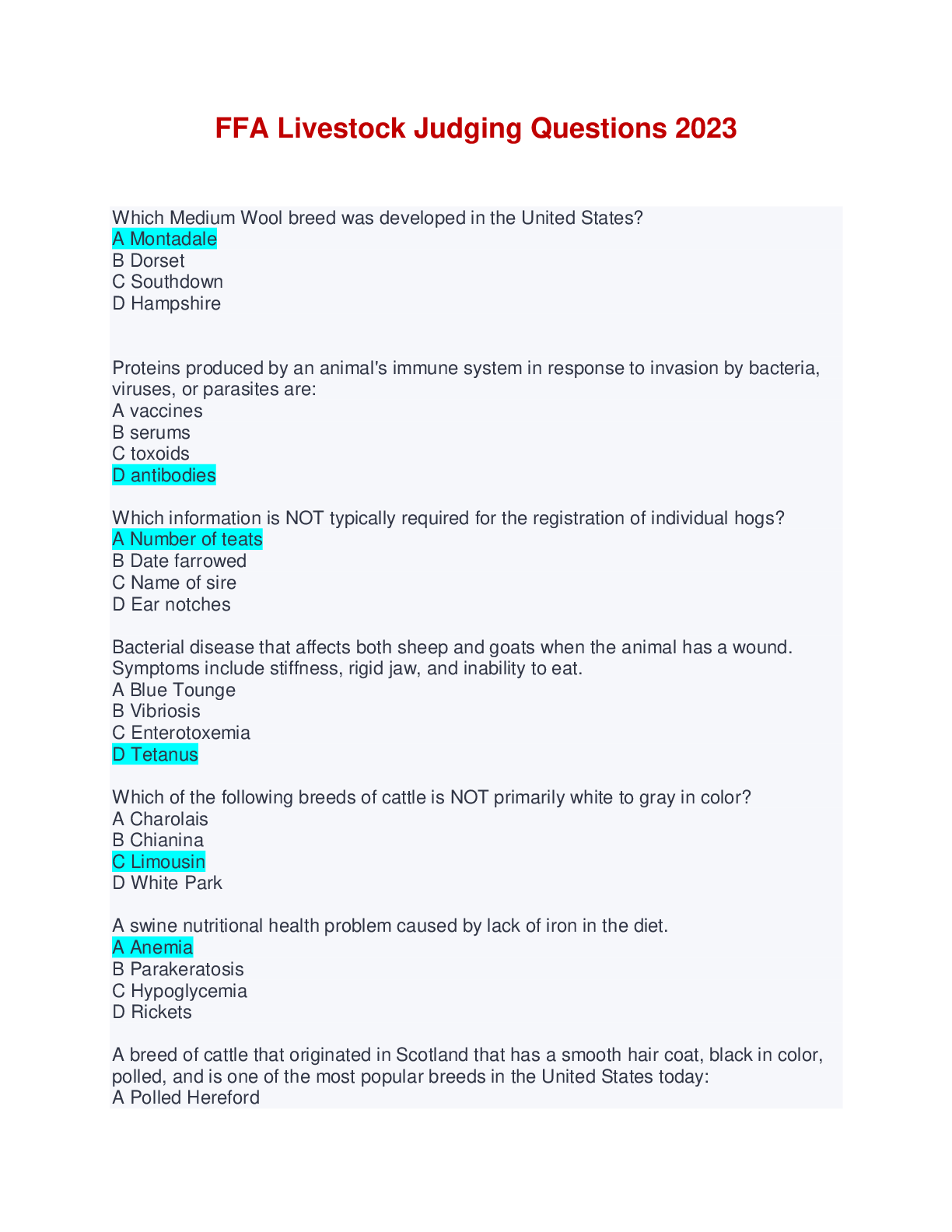 FFA Livestock Judging Questions 2023 (Complete solution with correct ...