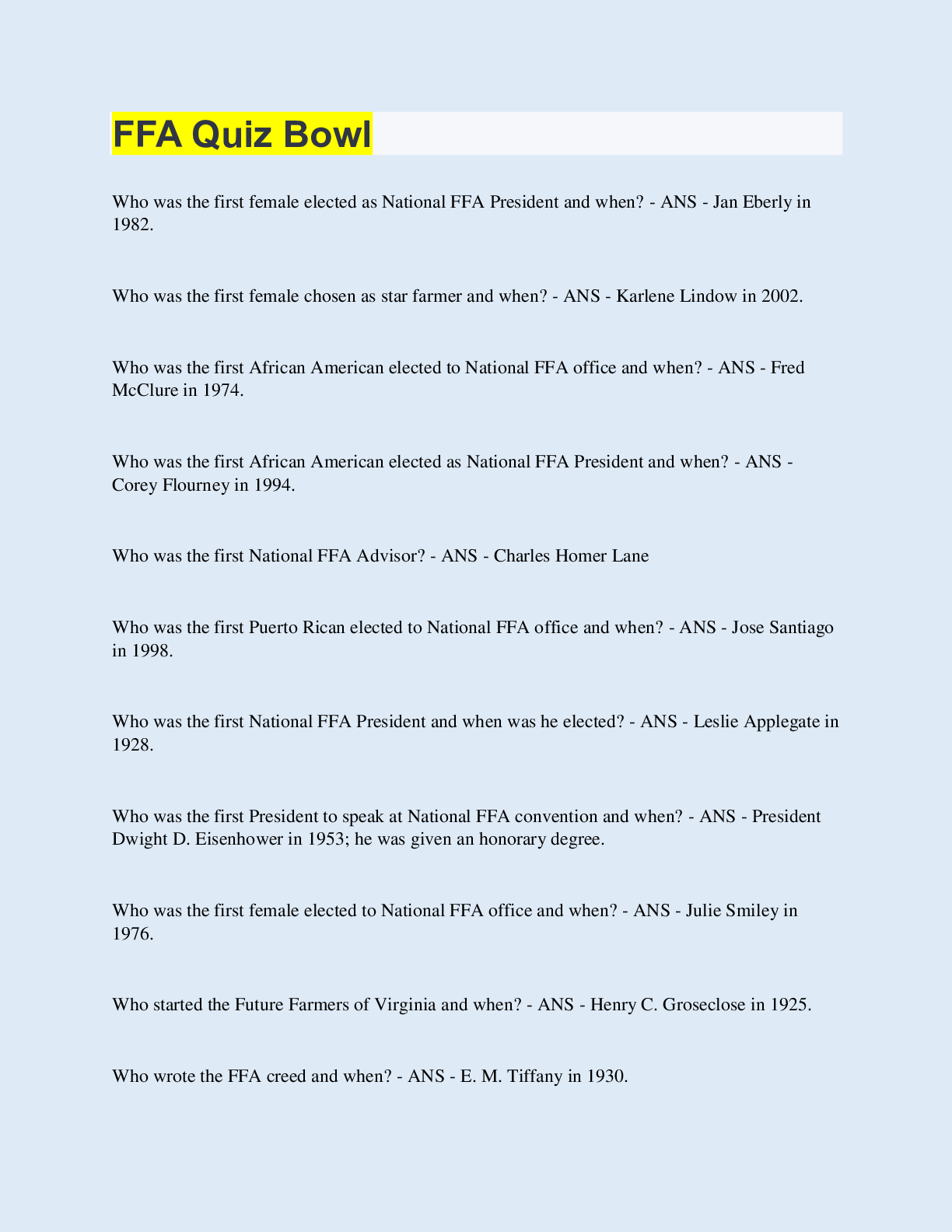 FFA Quiz Bowl | 90 Questions with 100% Correct Answers | Updated ...