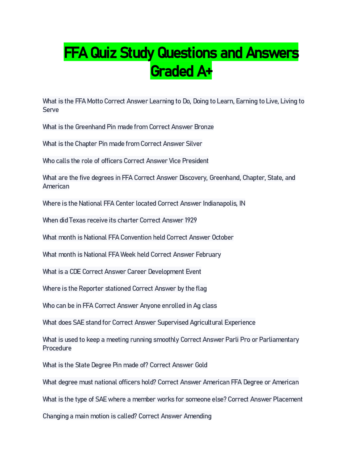 FFA Quiz Study Questions and Answers Graded A+ - Scholarfriends