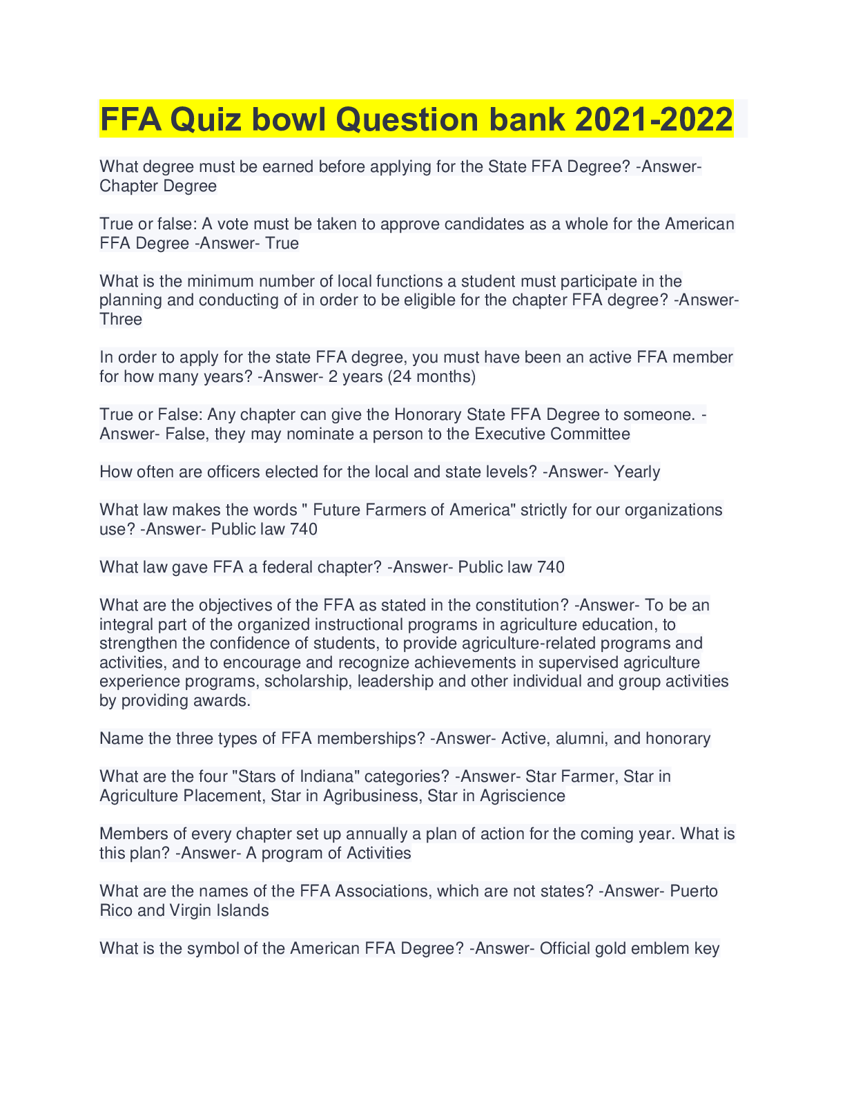 FFA Quiz bowl Question bank 2021-2022 - Scholarfriends