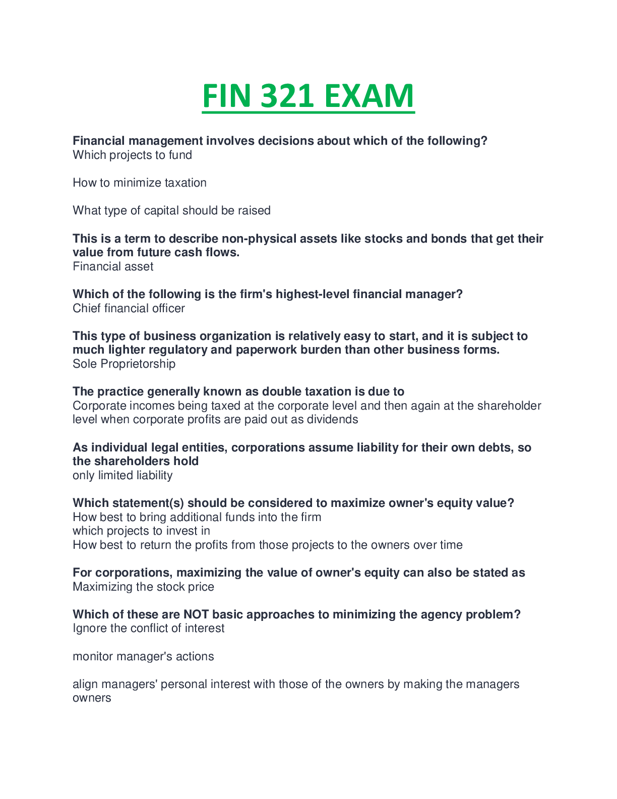 FIN 321 EXAM 1 QUESTIONS AND ANSWERS(2022/2023) SERIES COMPLETE GUIDE ...