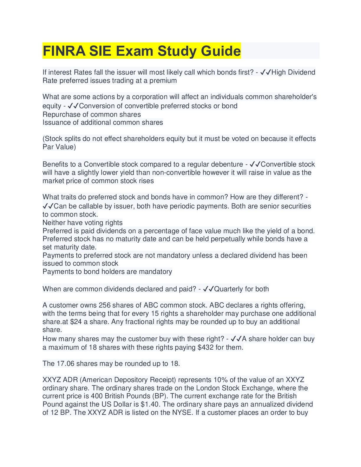 FINRA SIE Exam Study Guide | 70 Questions with 100% Correct Answers ...