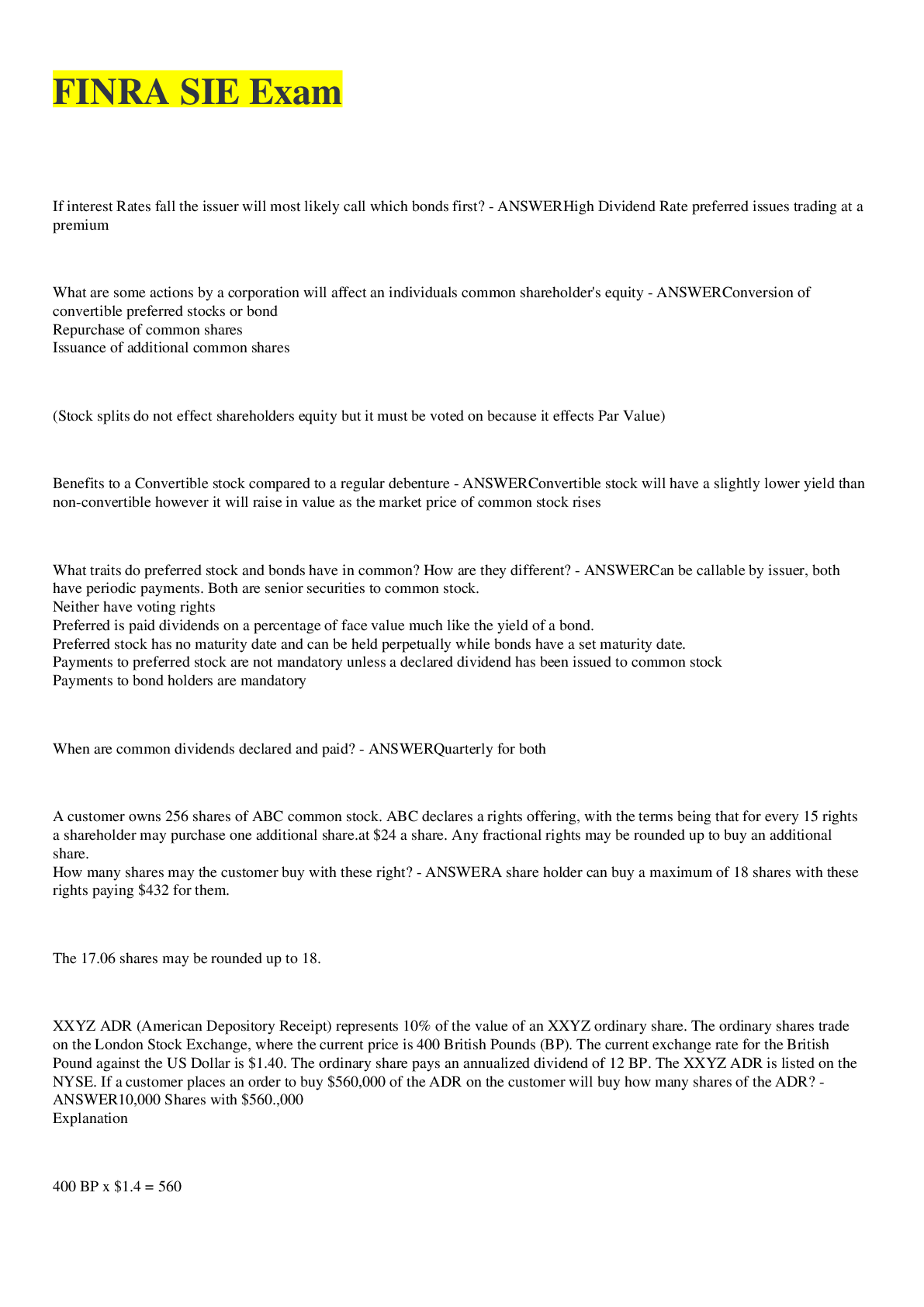 FINRA SIE Exam | 70 Questions with 100% Correct Answers - Scholarfriends