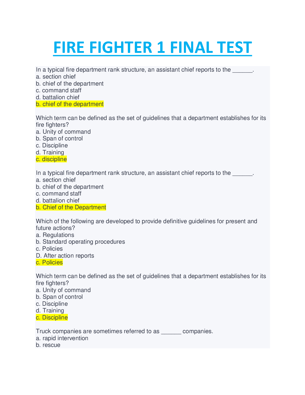 FIRE FIGHTER 1 FINAL ACTUAL EXAM QUIZ BANK, NEW LATEST COMPLETE GUIDE ...