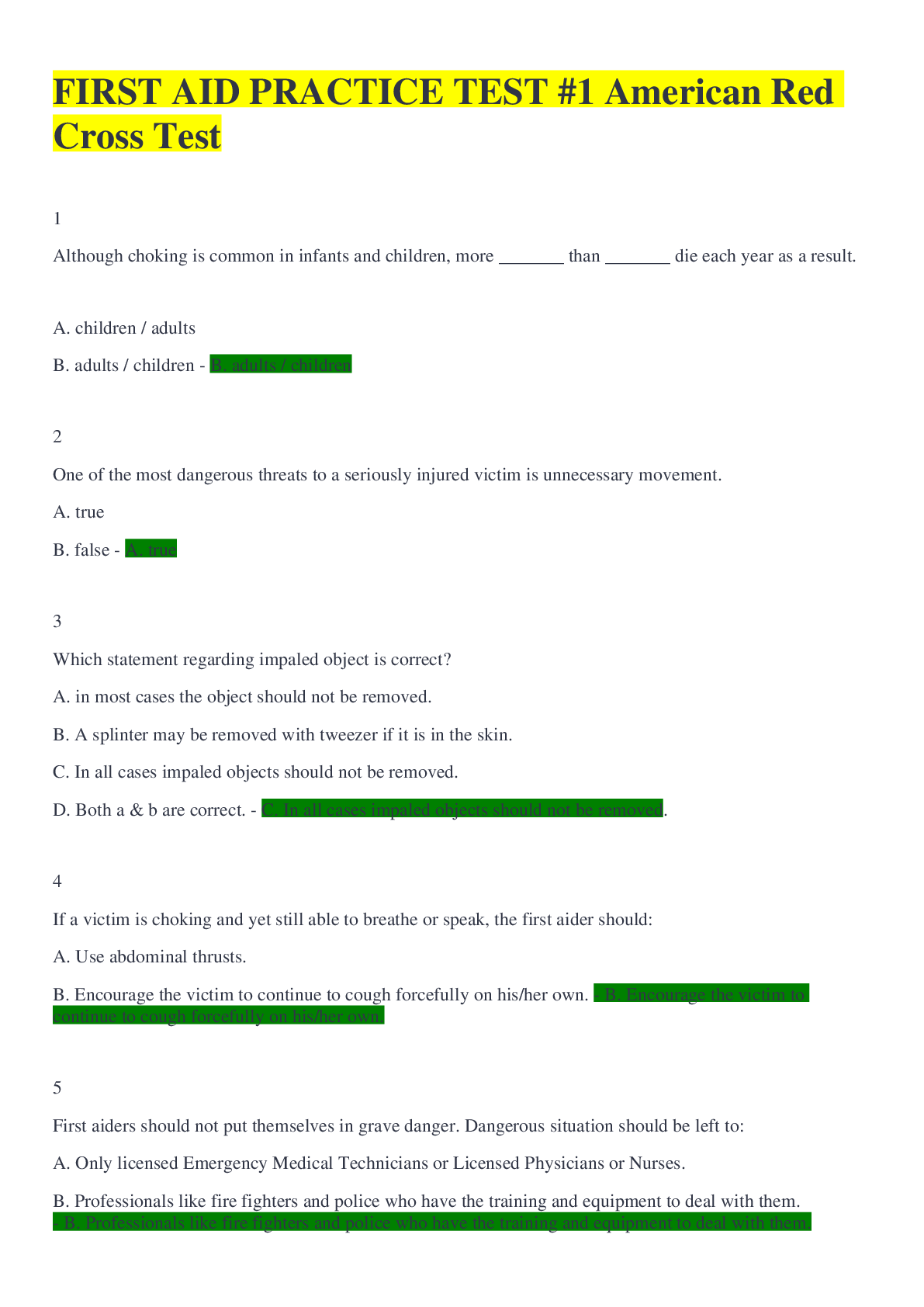 FIRST AID PRACTICE TEST #1 American Red Cross Test questions and ...