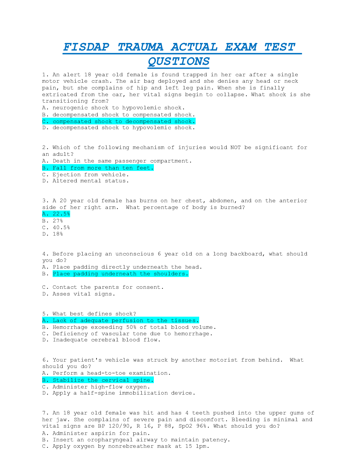 FISDAP TRAUMA EXAM QUESTION AND ANSWER UPDATED 2023 - Scholarfriends