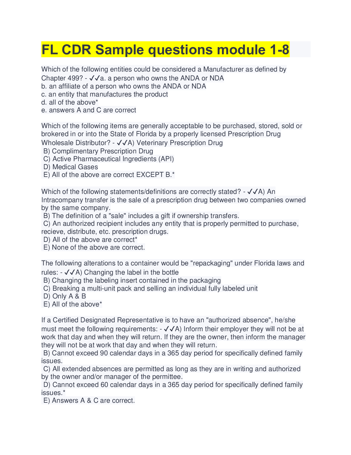 FL CDR Sample questions module 1-8 | 55 Questions with 100% Correct ...