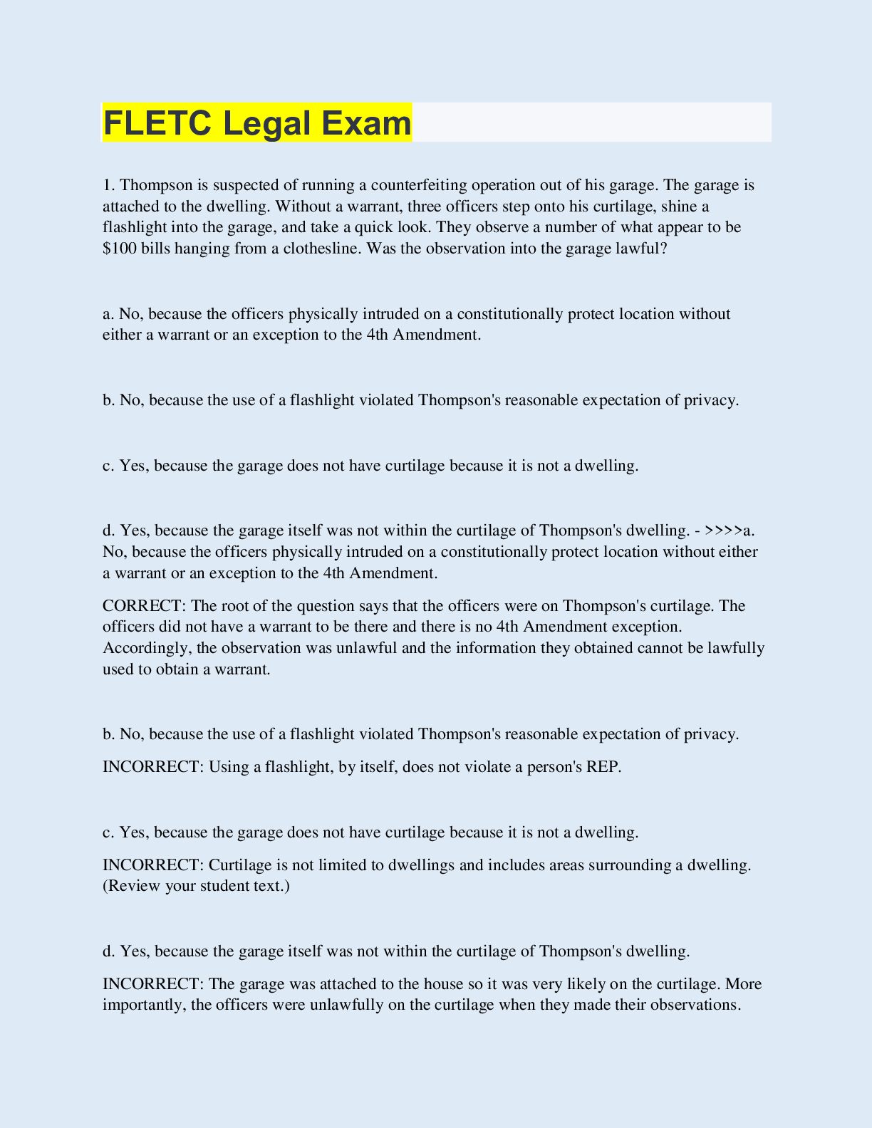 FLETC Legal Exam | 135 Questions with 100% Correct Answers | Updated ...