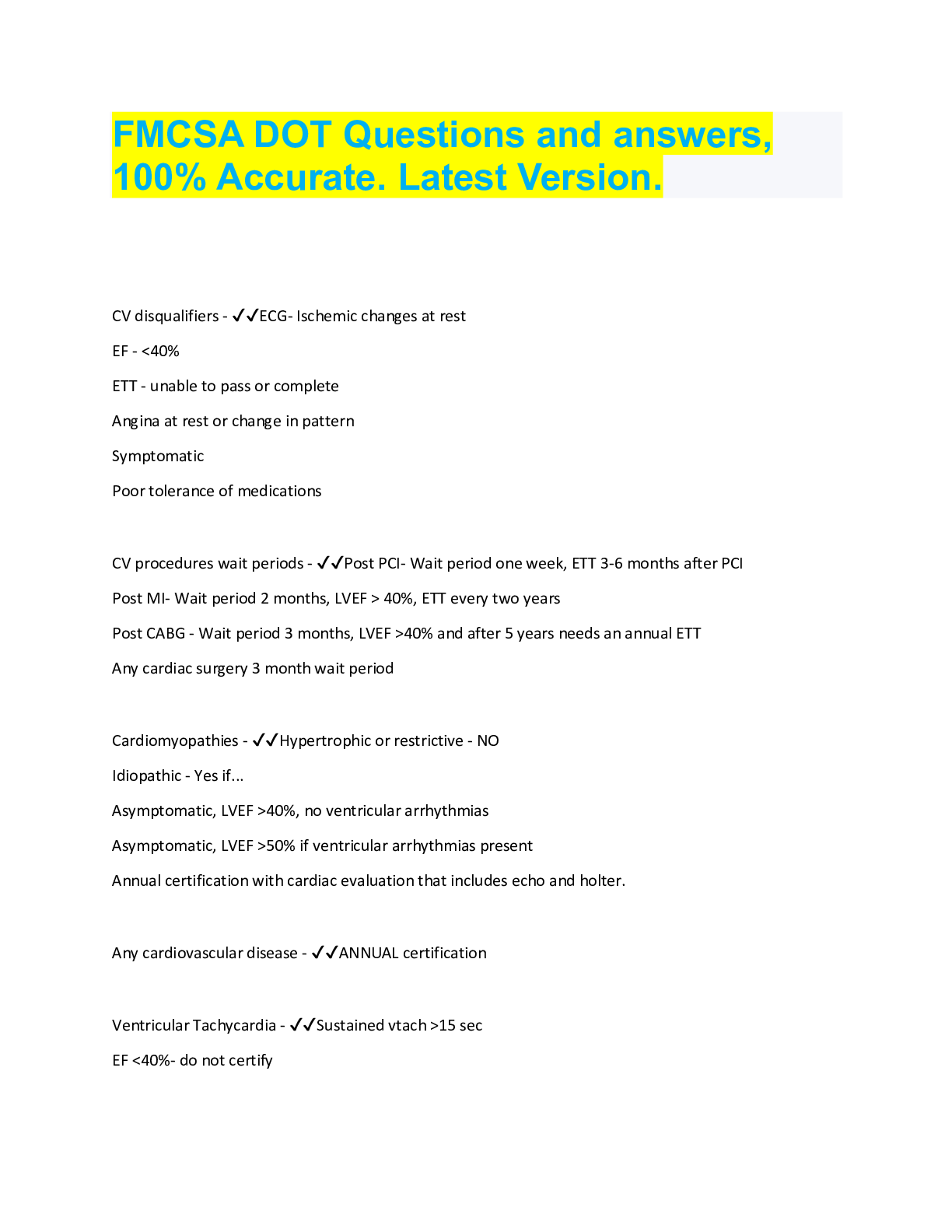 FMCSA DOT Questions and answers, 100% Accurate. Latest Version ...