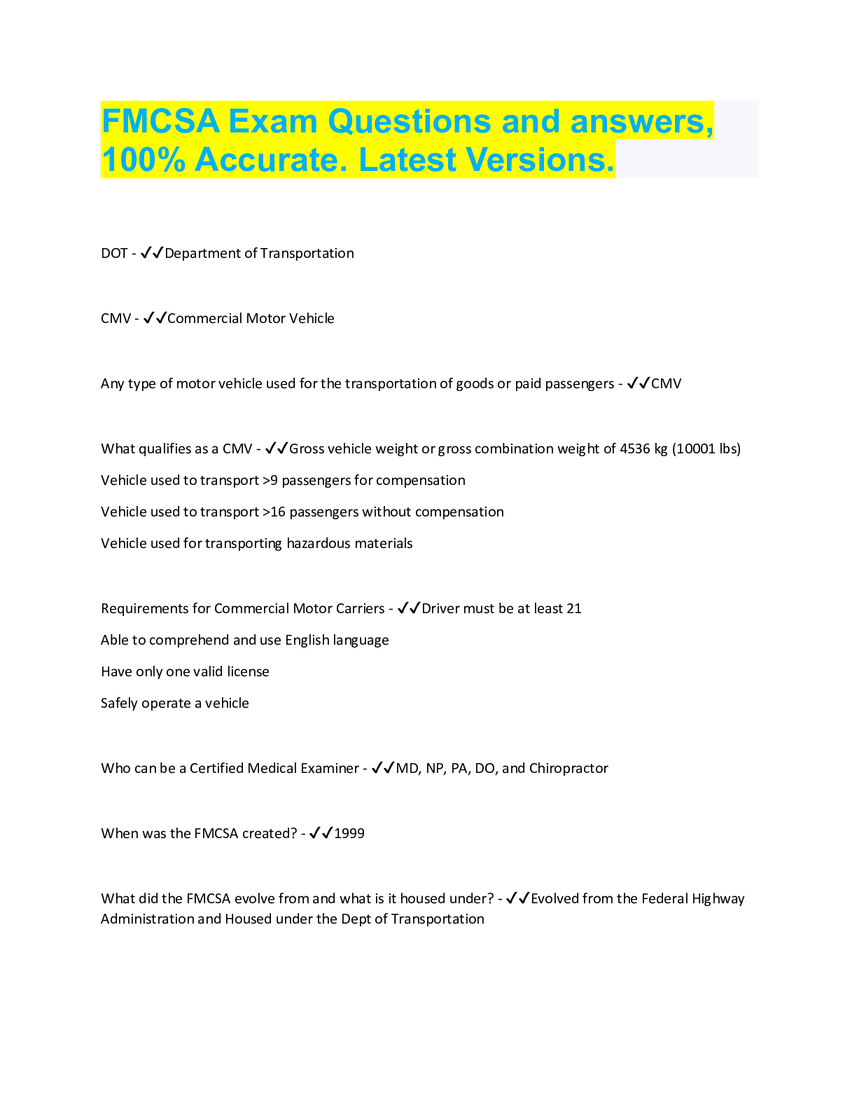 FMCSA Exam Questions and answers, 100% Accurate. Latest Versions ...