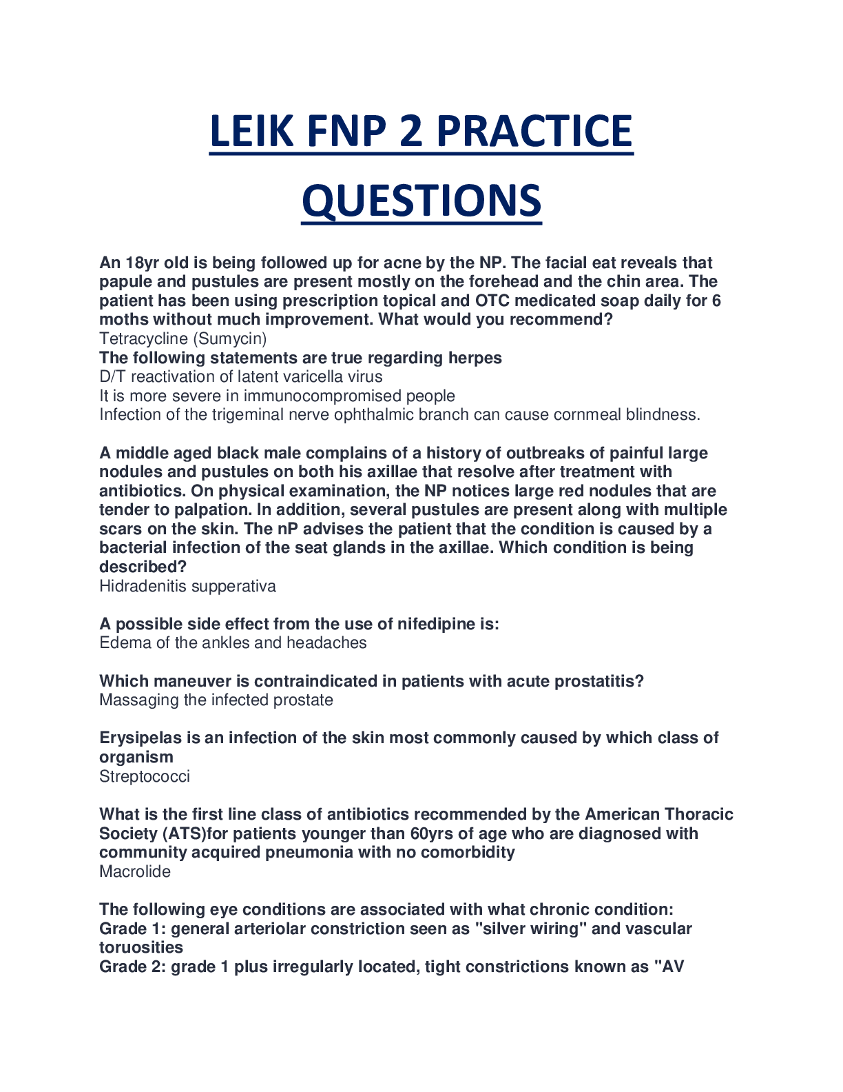 LEIK FNP 2 EXAM PPRACTICE QUESTIONS AND ANSWERS NEW GUIDE RATED A+ |100 ...