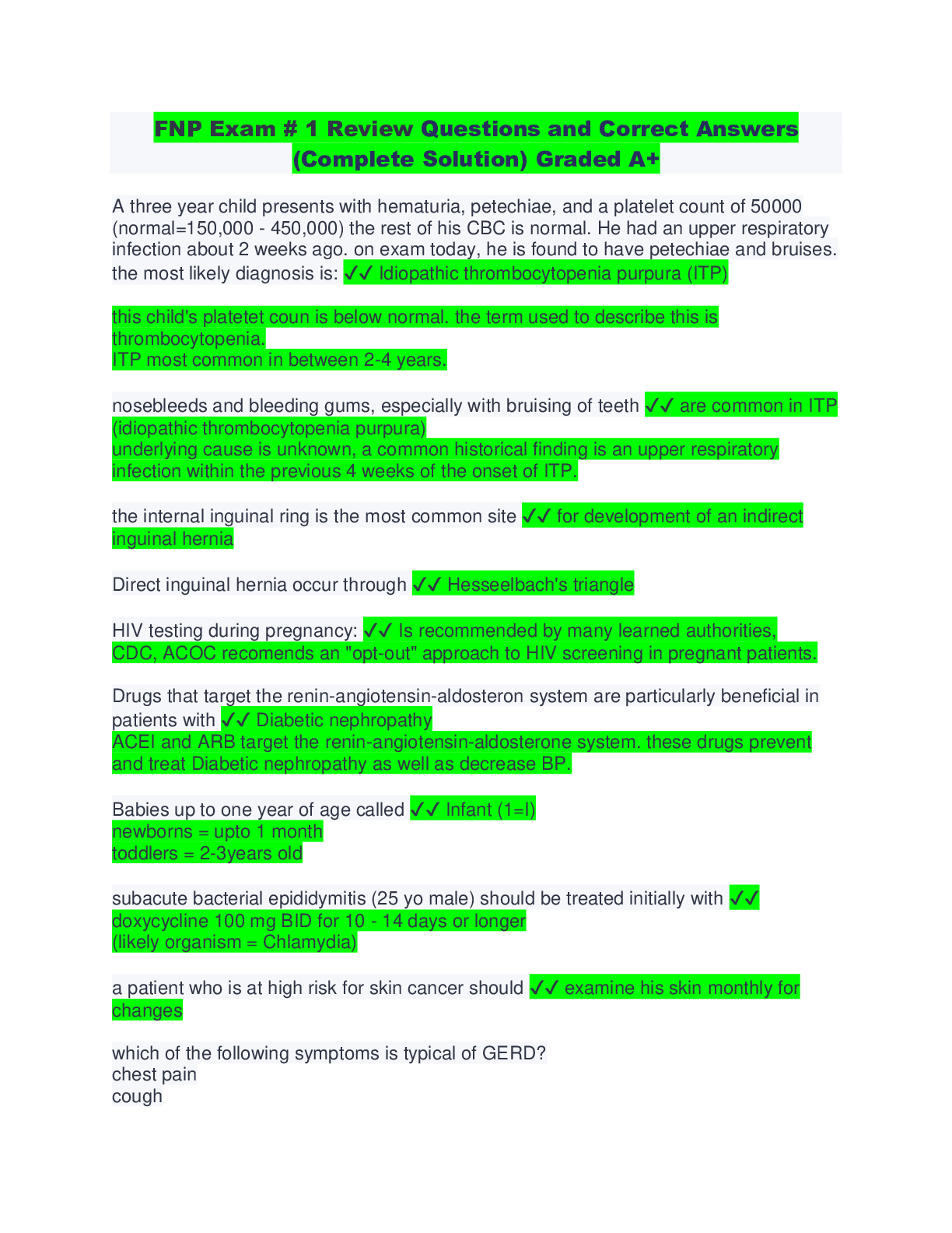 FNP Exam # 1 Review Questions and Correct Answers (Complete Solution ...