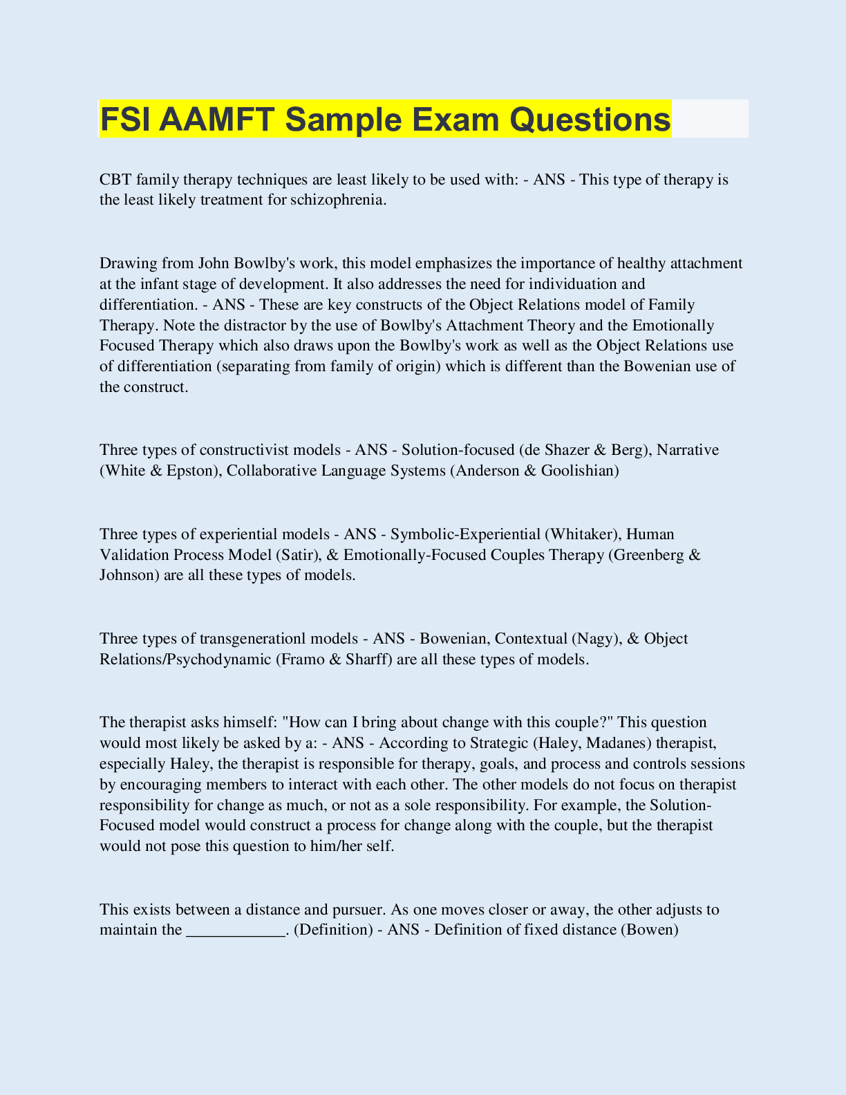 FSI AAMFT Sample Exam Questions and Answers 2022/2023 - Scholarfriends