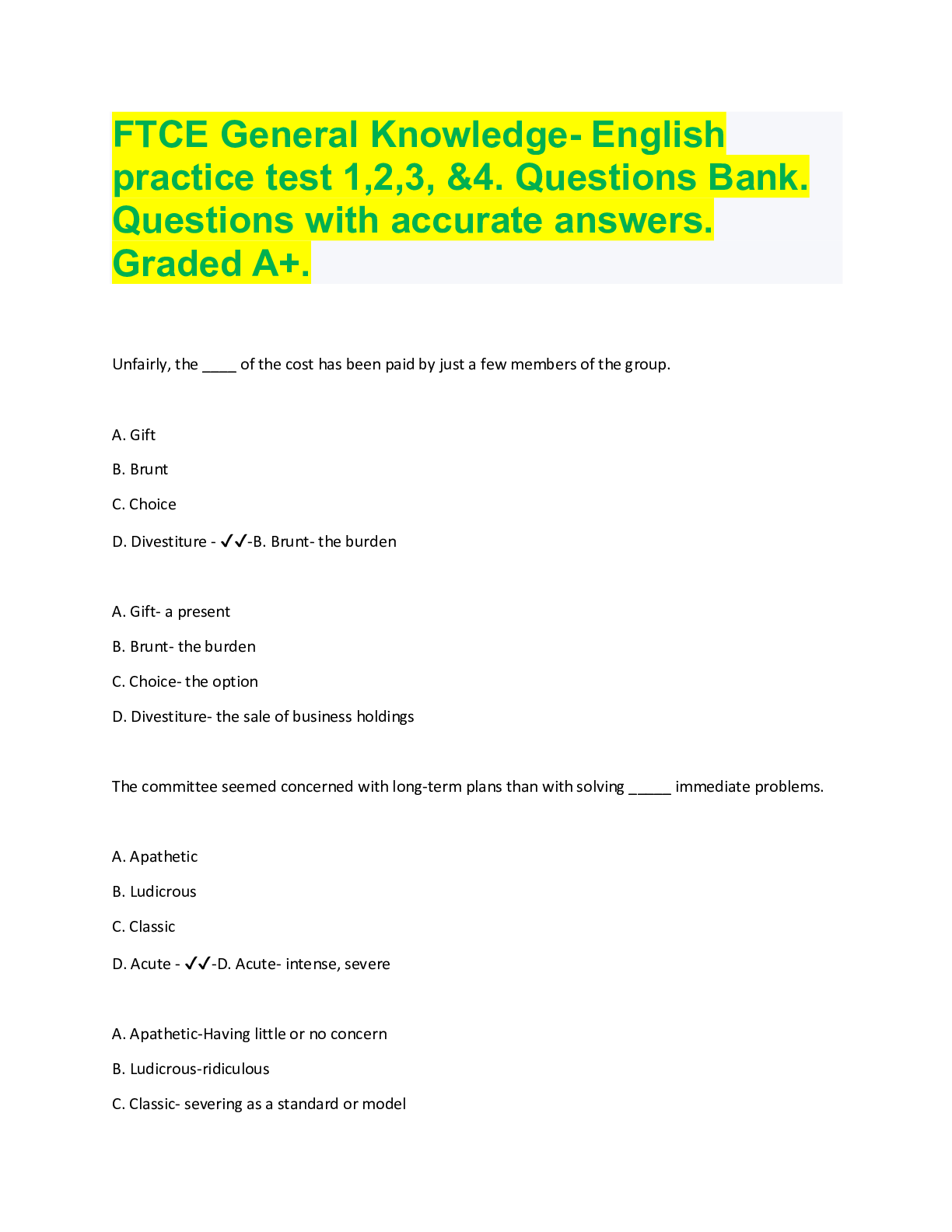 FTCE General Knowledge English practice test 1,2,3, & 4. Questions Bank ...